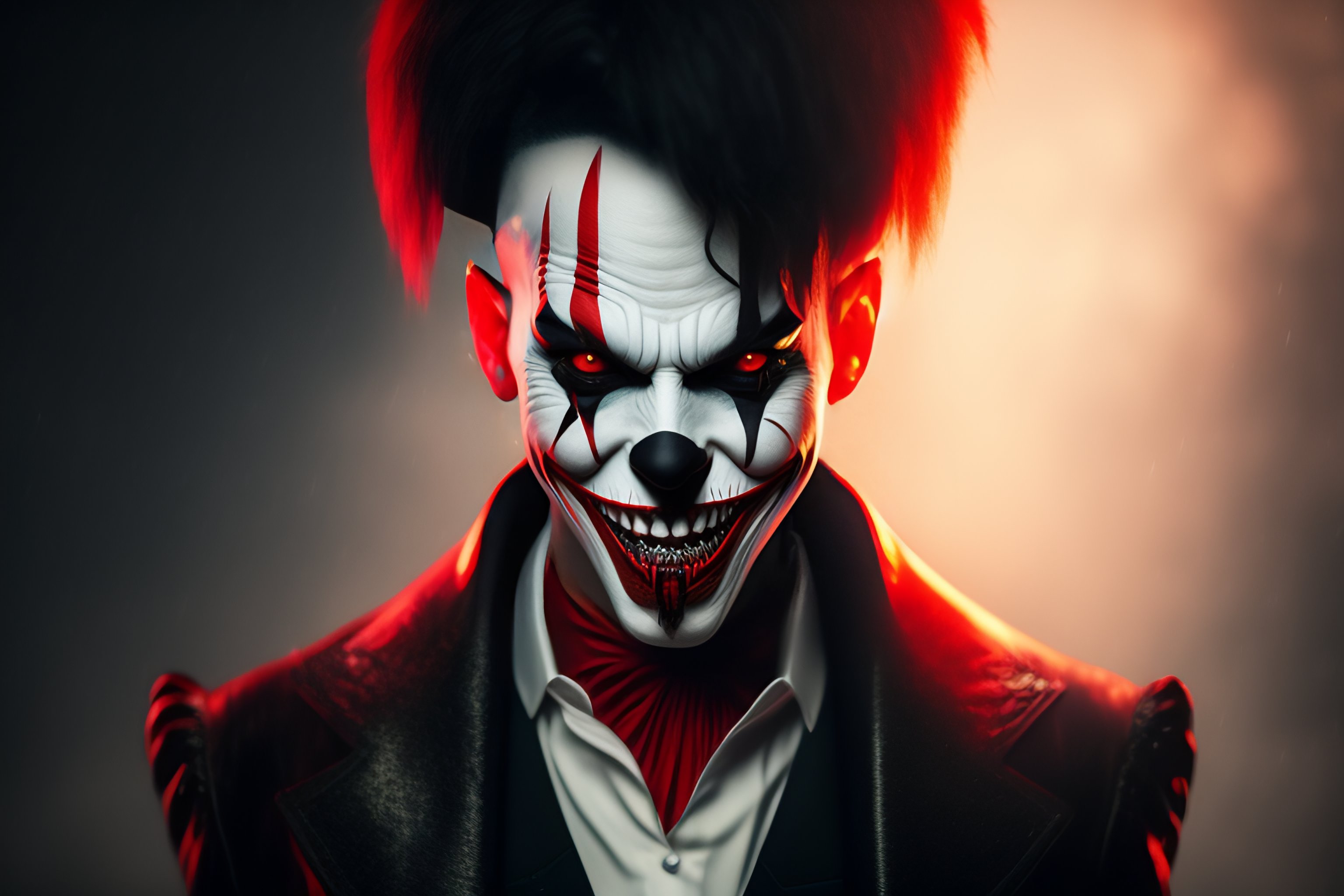 Lexica - Thin and chic terrifying clown with red eyes and black hair ...