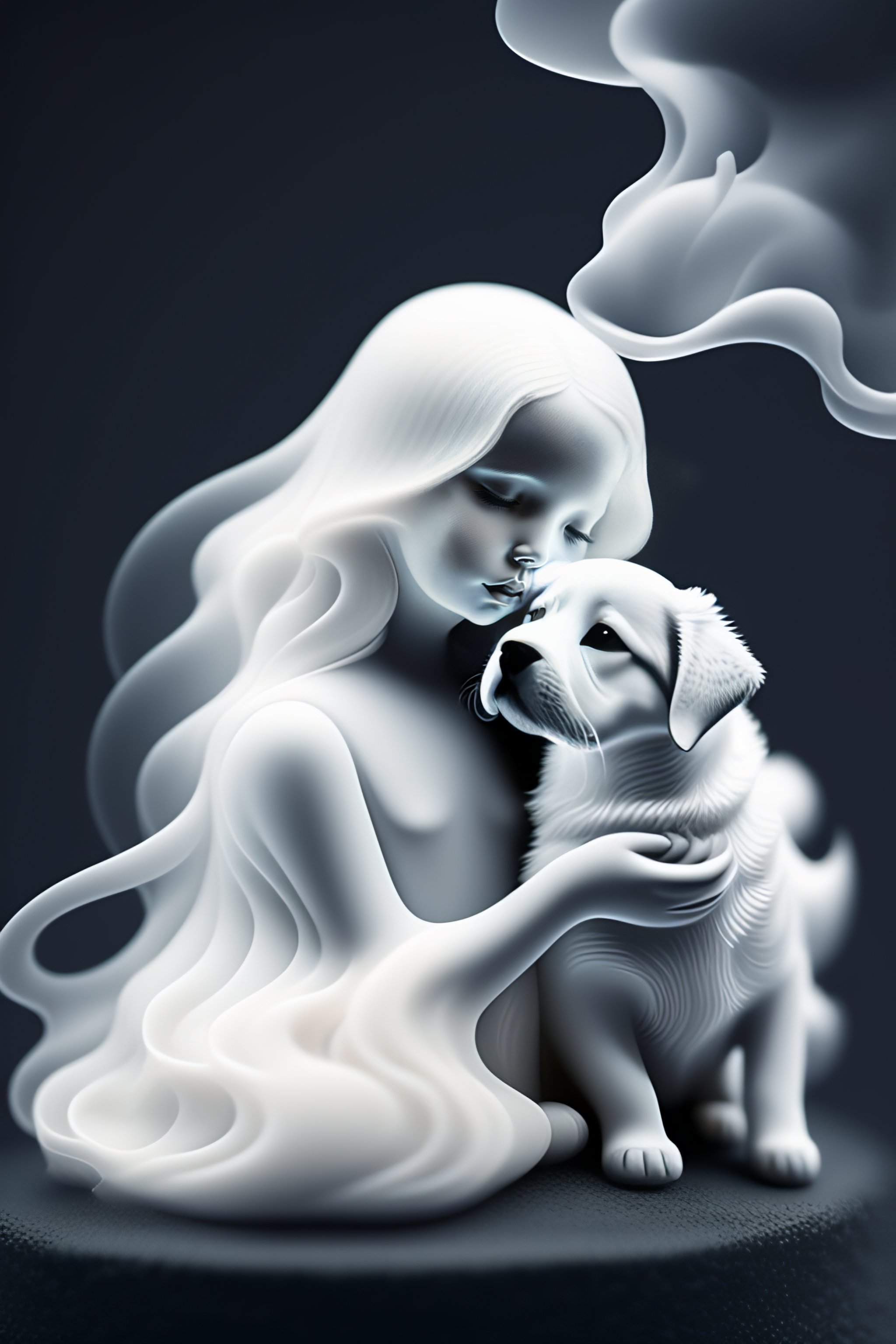 Lexica - Young ghostly girl cuddling puppy, full form angle, depth data ...