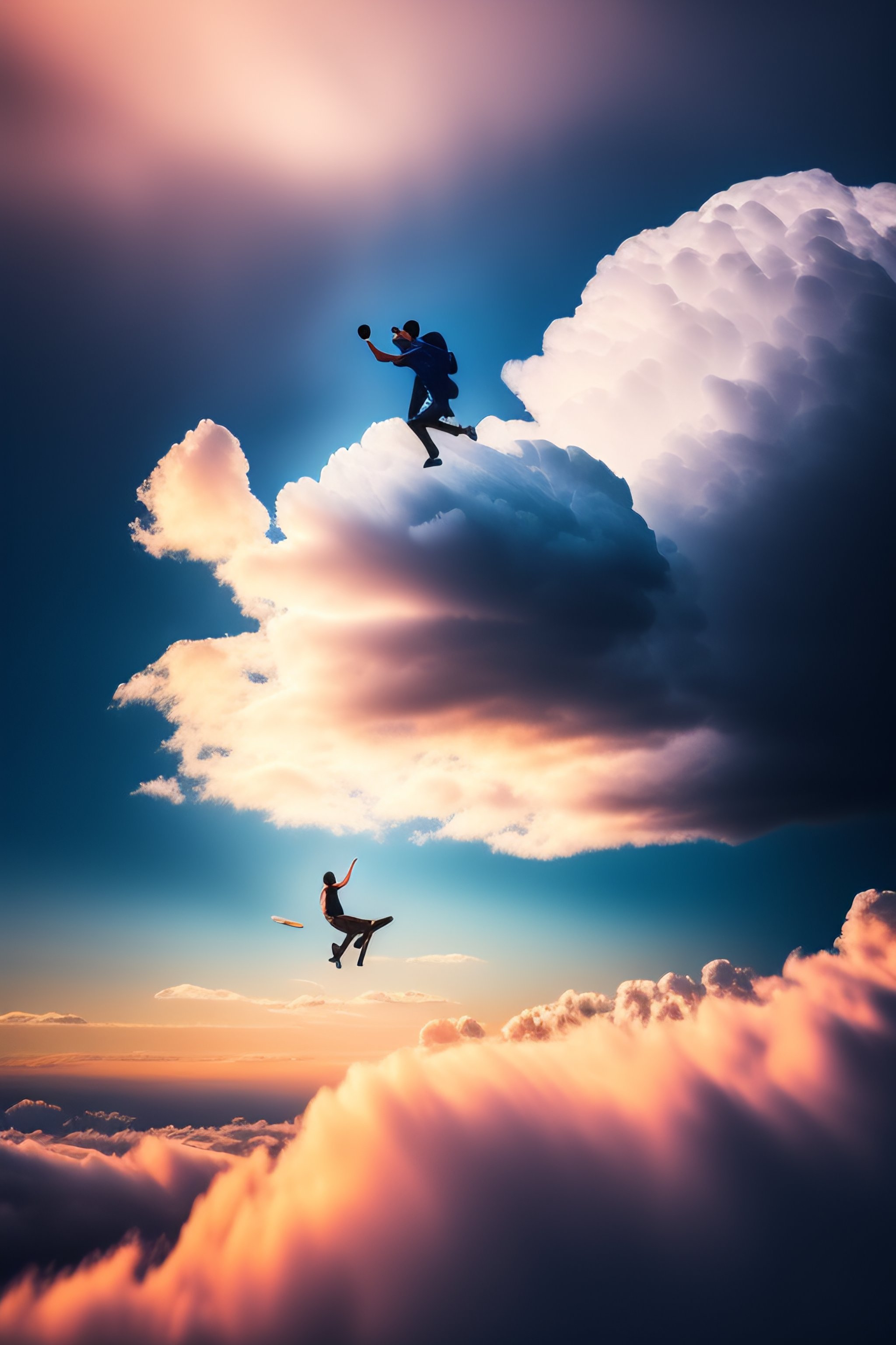 Lexica - Human jumping from cloud while eating an appler
