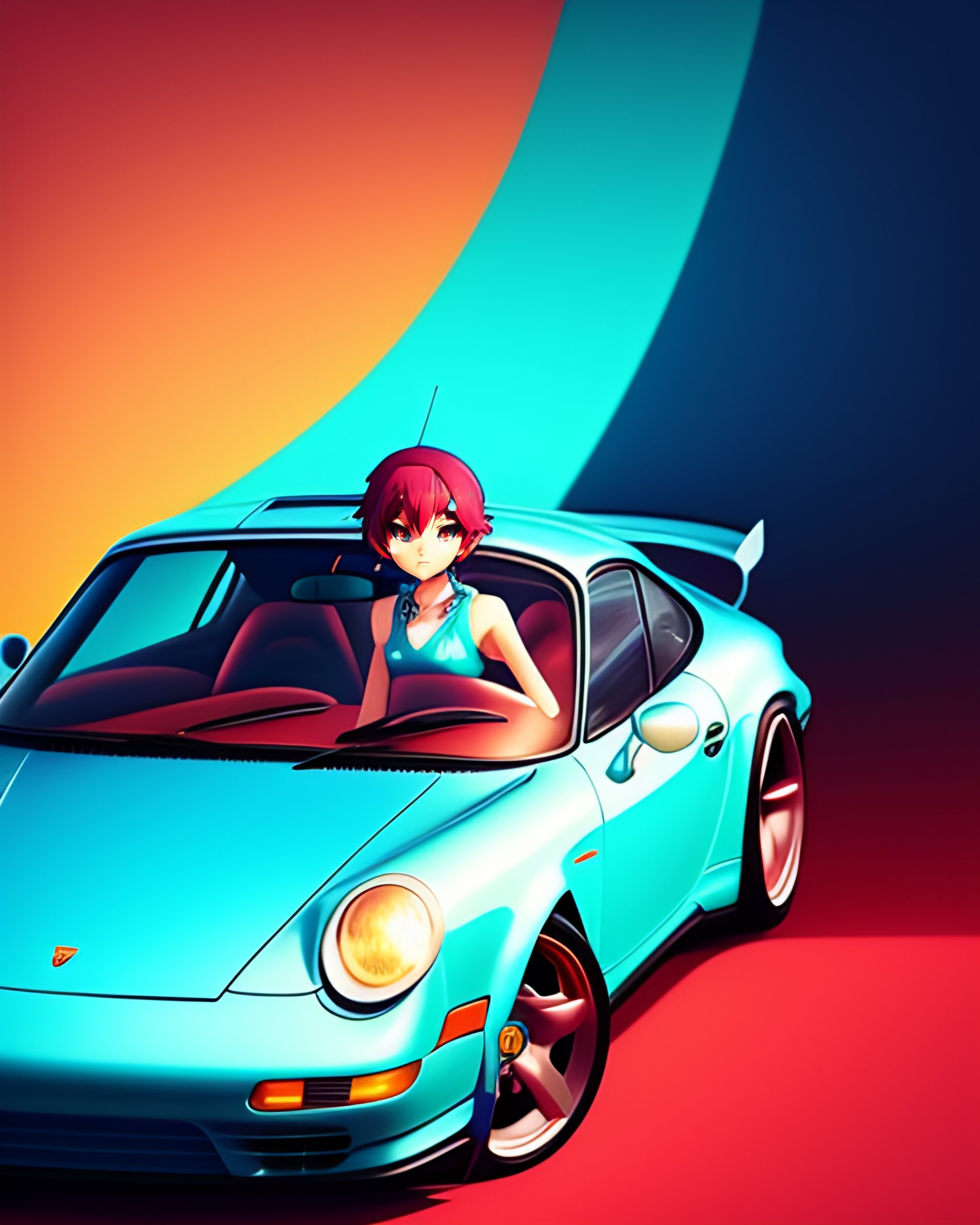 Lexica - A light blue porsche with a girl in a red vest sitting on the ...
