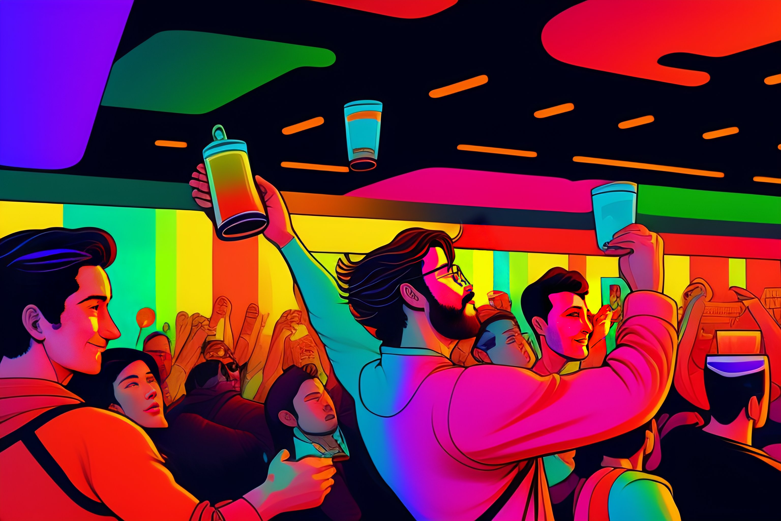 Lexica - Friends cheer with beer in a bar, rainbow colors, gay ...