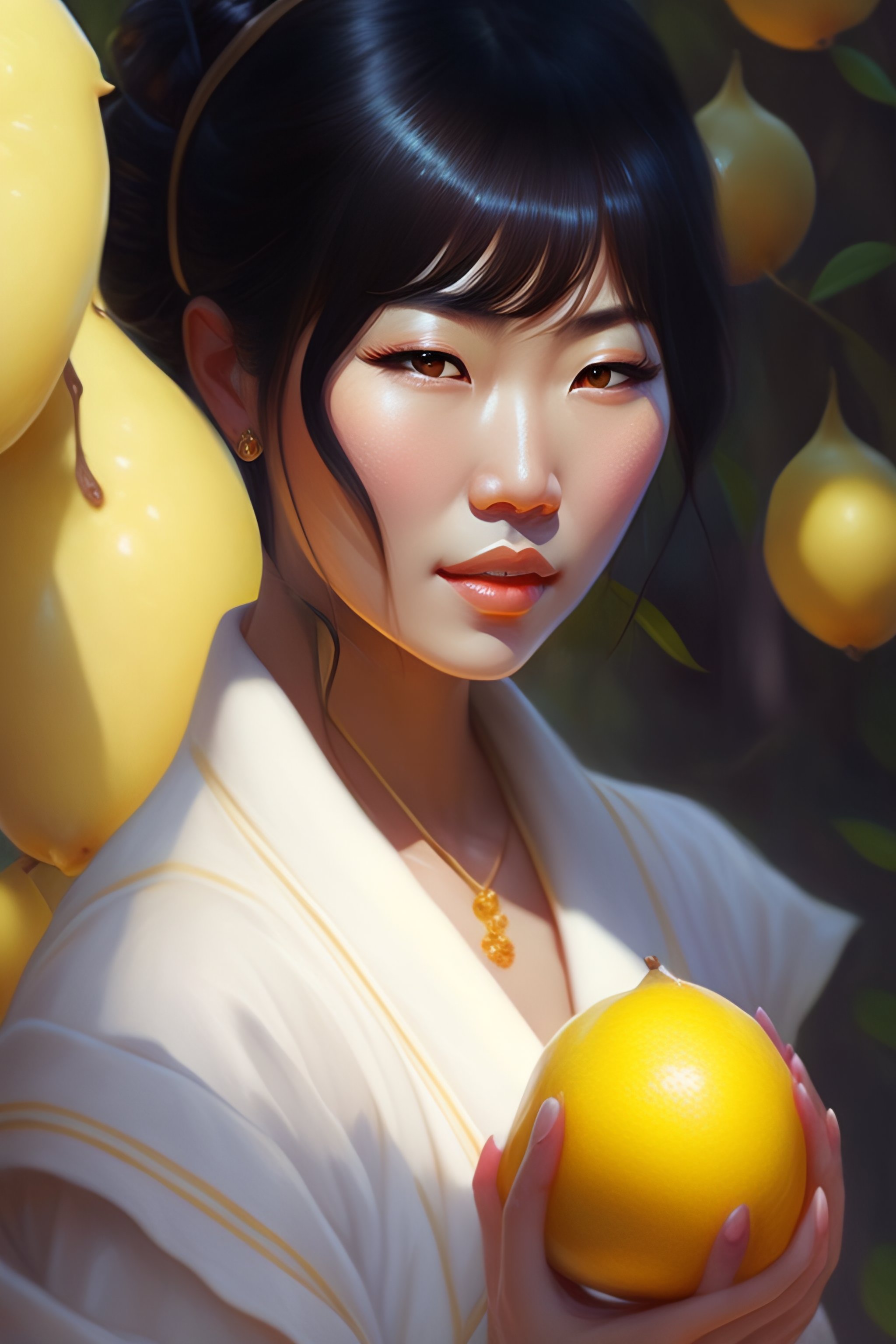 Lexica - Japanese woman holding a small lemon, lemons everywhere, highly detailed, digital ...