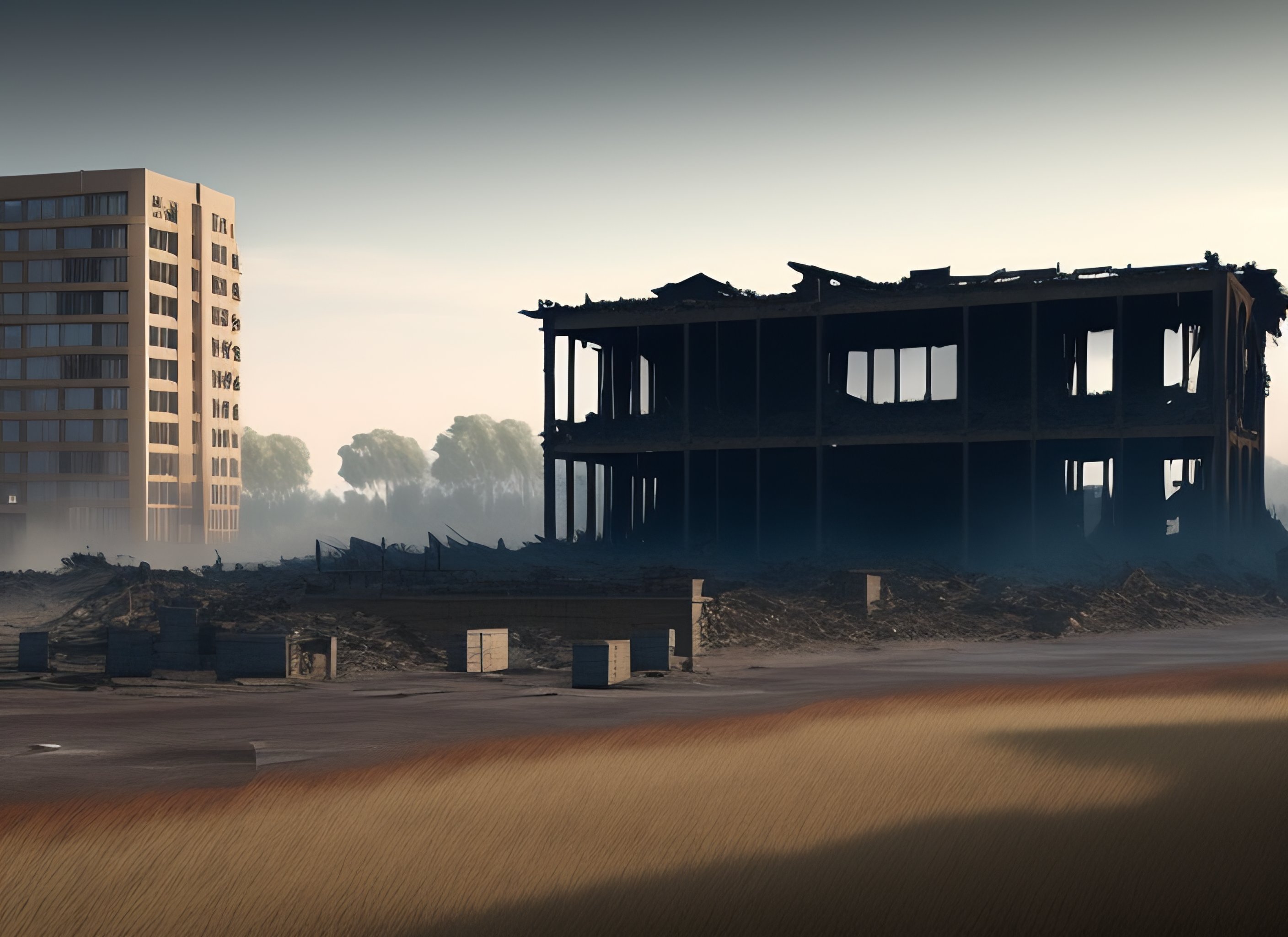 Lexica - Burnt down hall building. foreground, realistic, collapsed ...