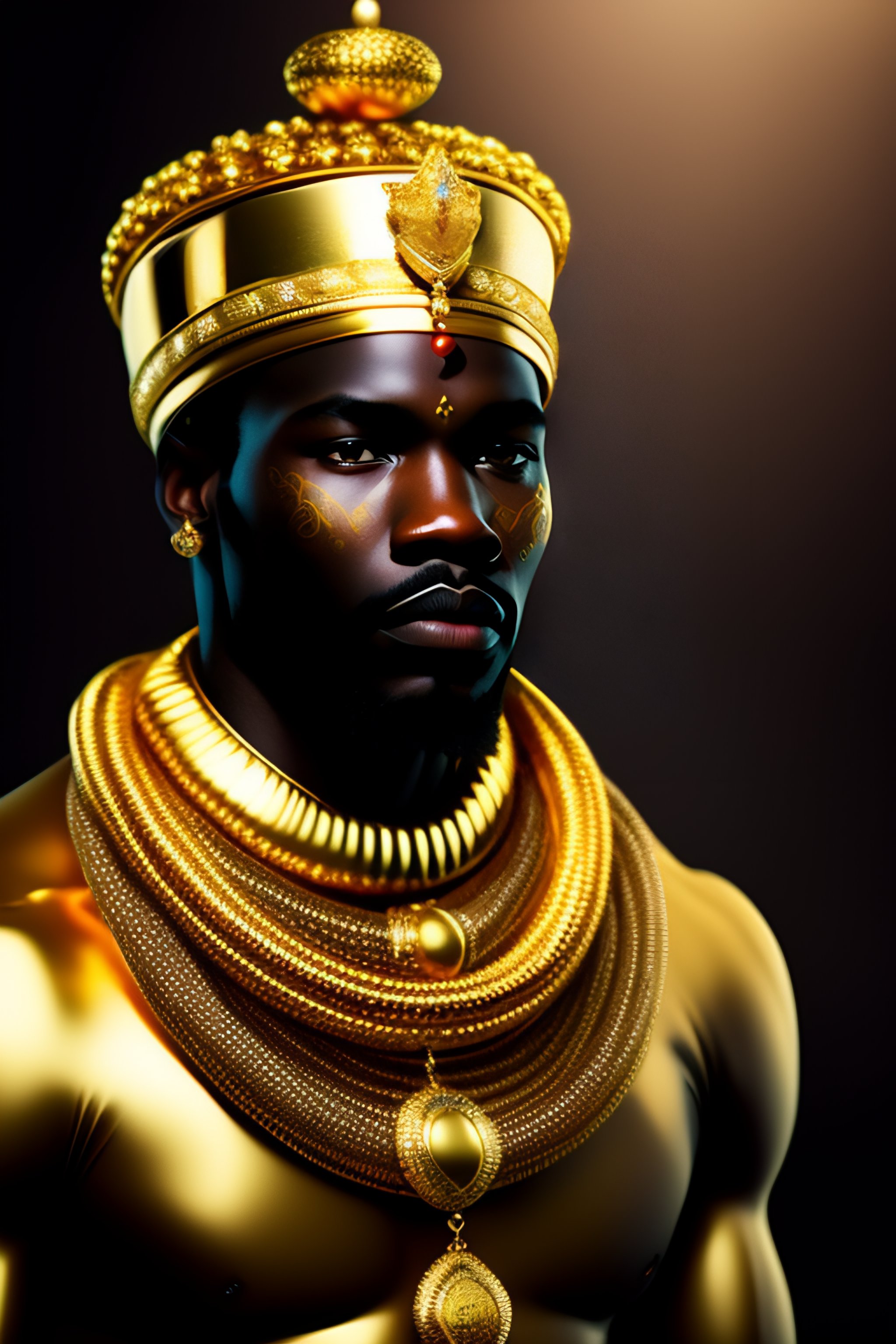 Lexica - African King, wearing gold ornaments, looking into camera ...