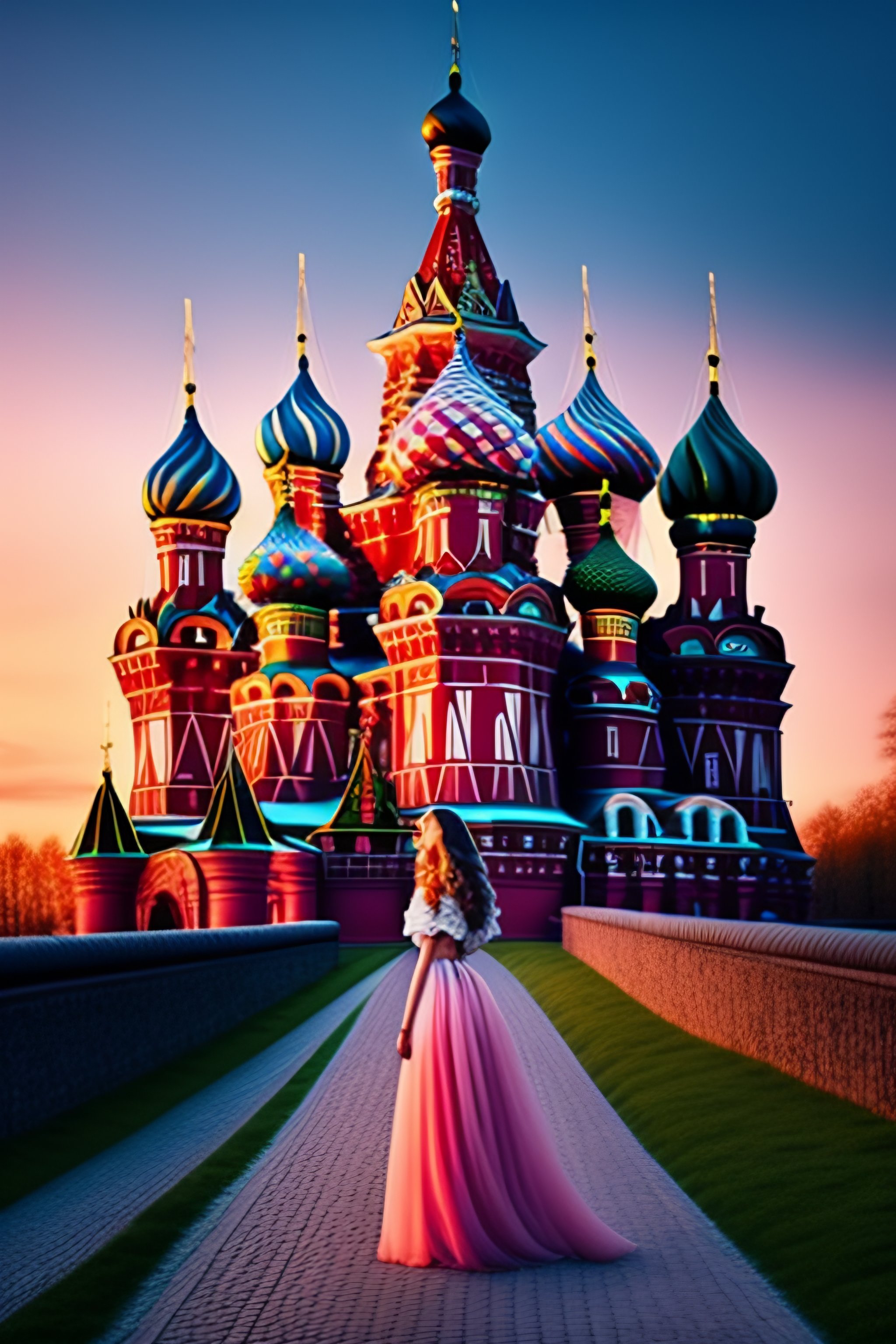 Lexica - Princess Anastasia in Moscow Russia, castle, sunset, blue dress