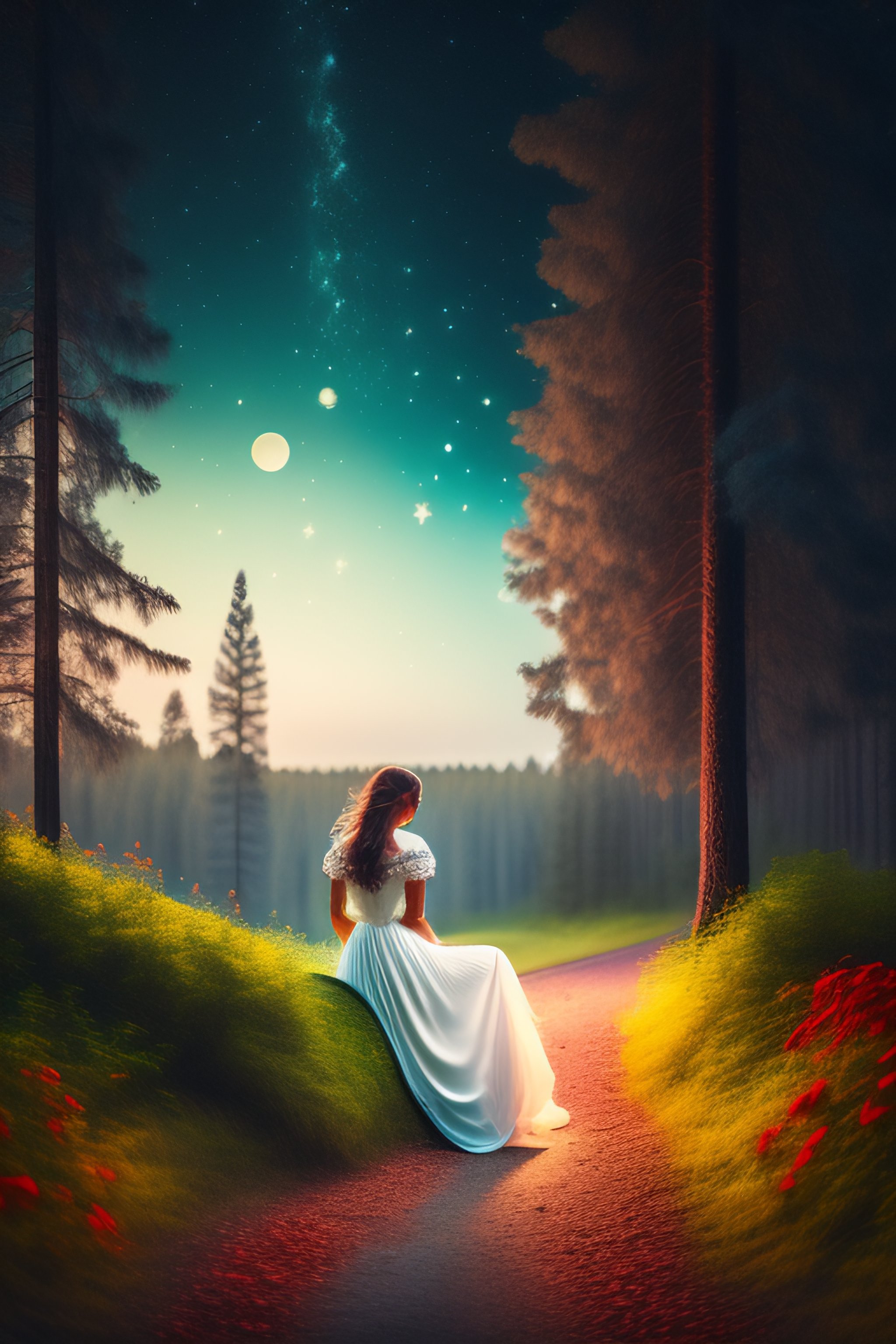Lexica - Sad girl, forest from a distance, trees, old white dress ...
