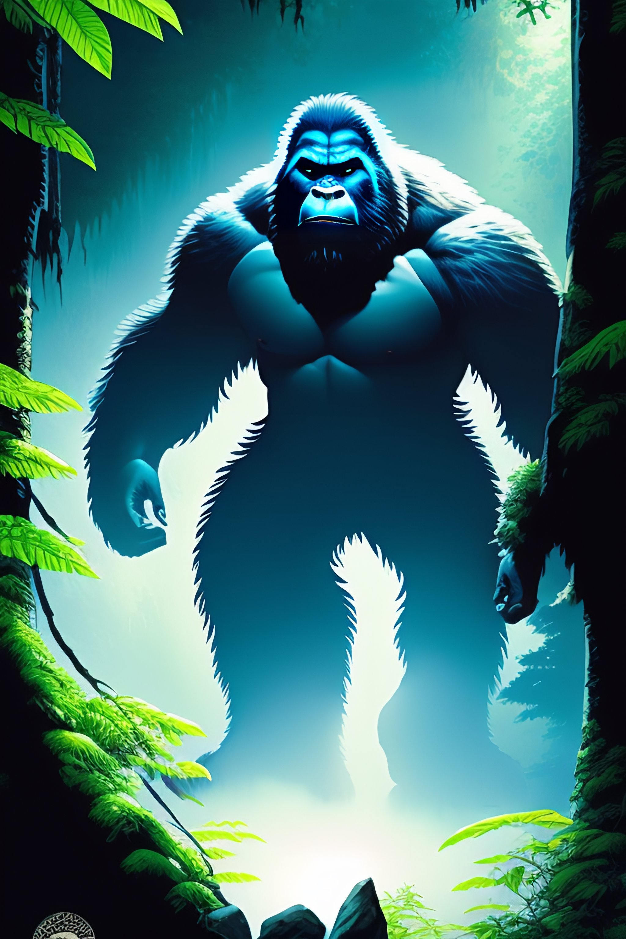 Lexica - Sasquatch dark jungle running at you lights in the sky comic ...