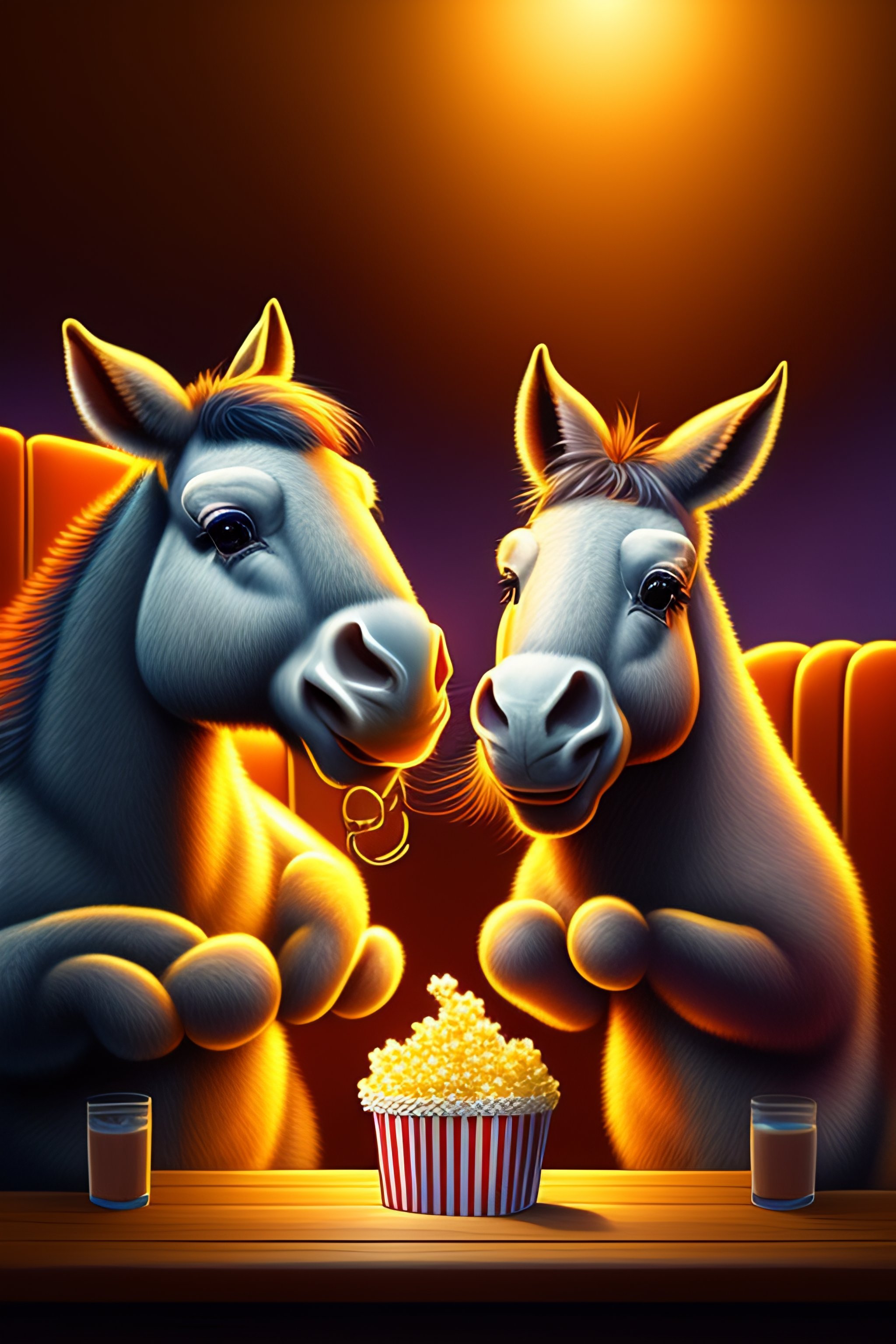 Lexica - A row of ((happy)) cartoon donkeys eating popcorn with ...