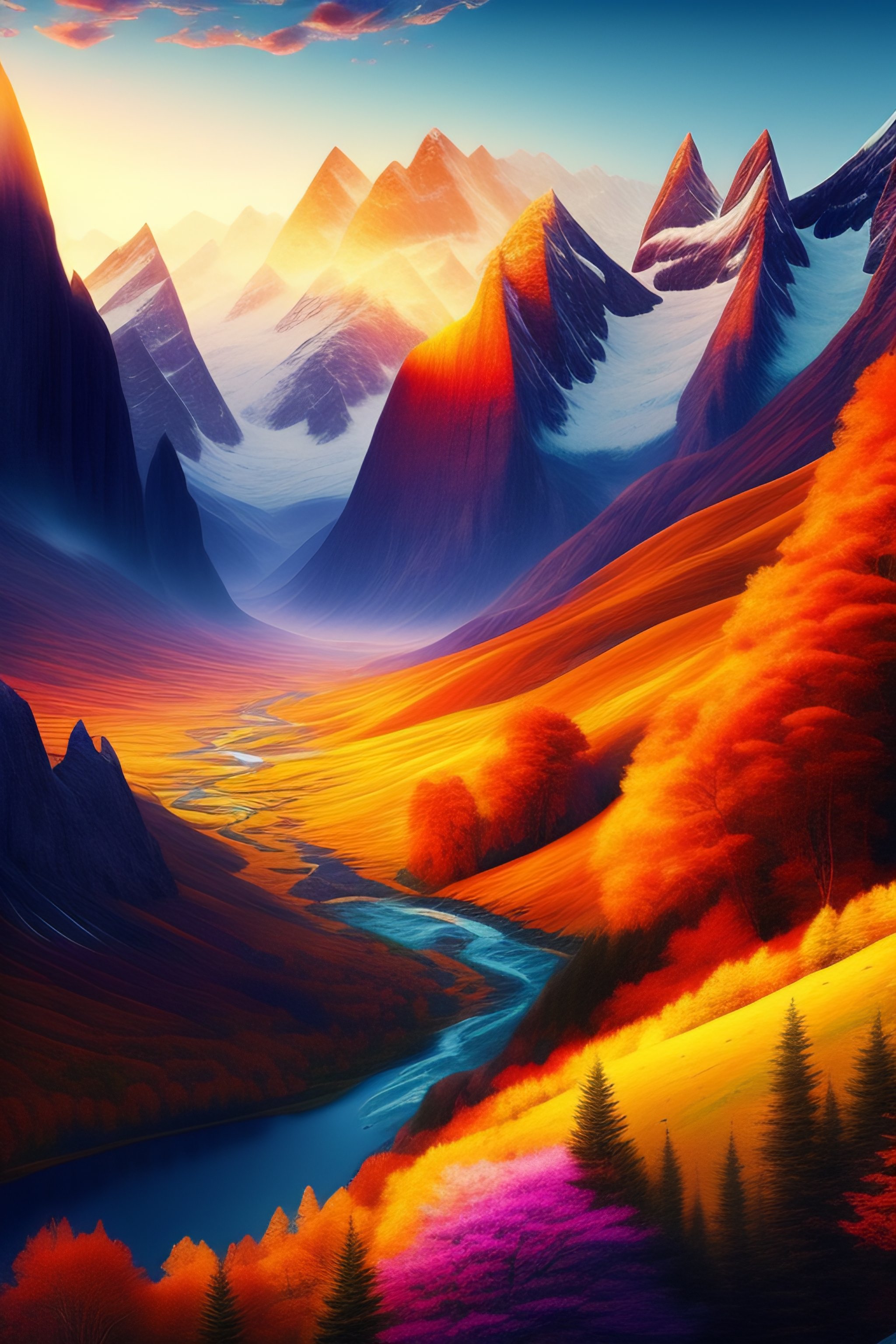 Lexica - A stunning landscape of towering mountains and rolling valleys ...