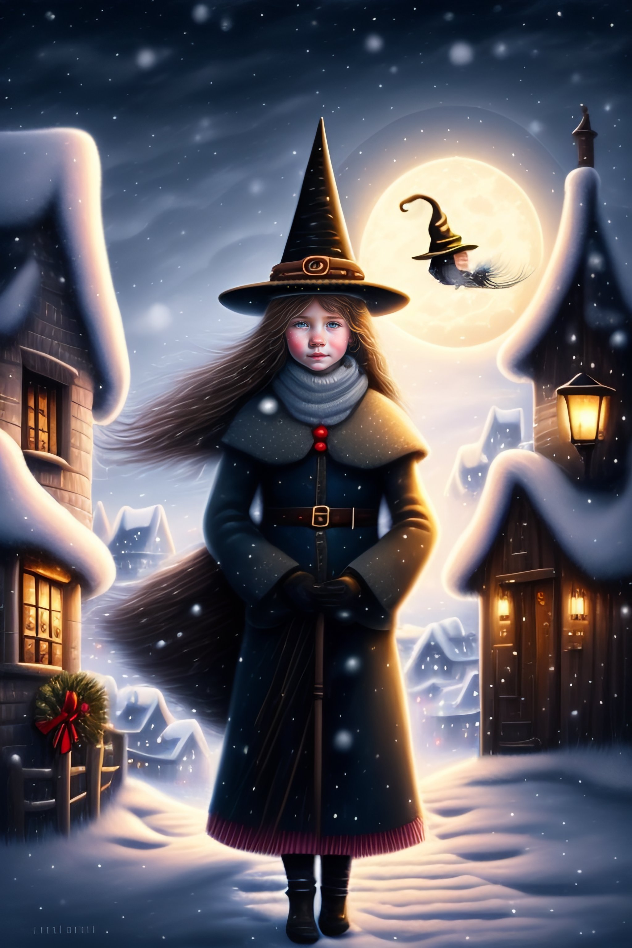 Lexica - A little tired witch in a hat sits on a broomstick and flies ...