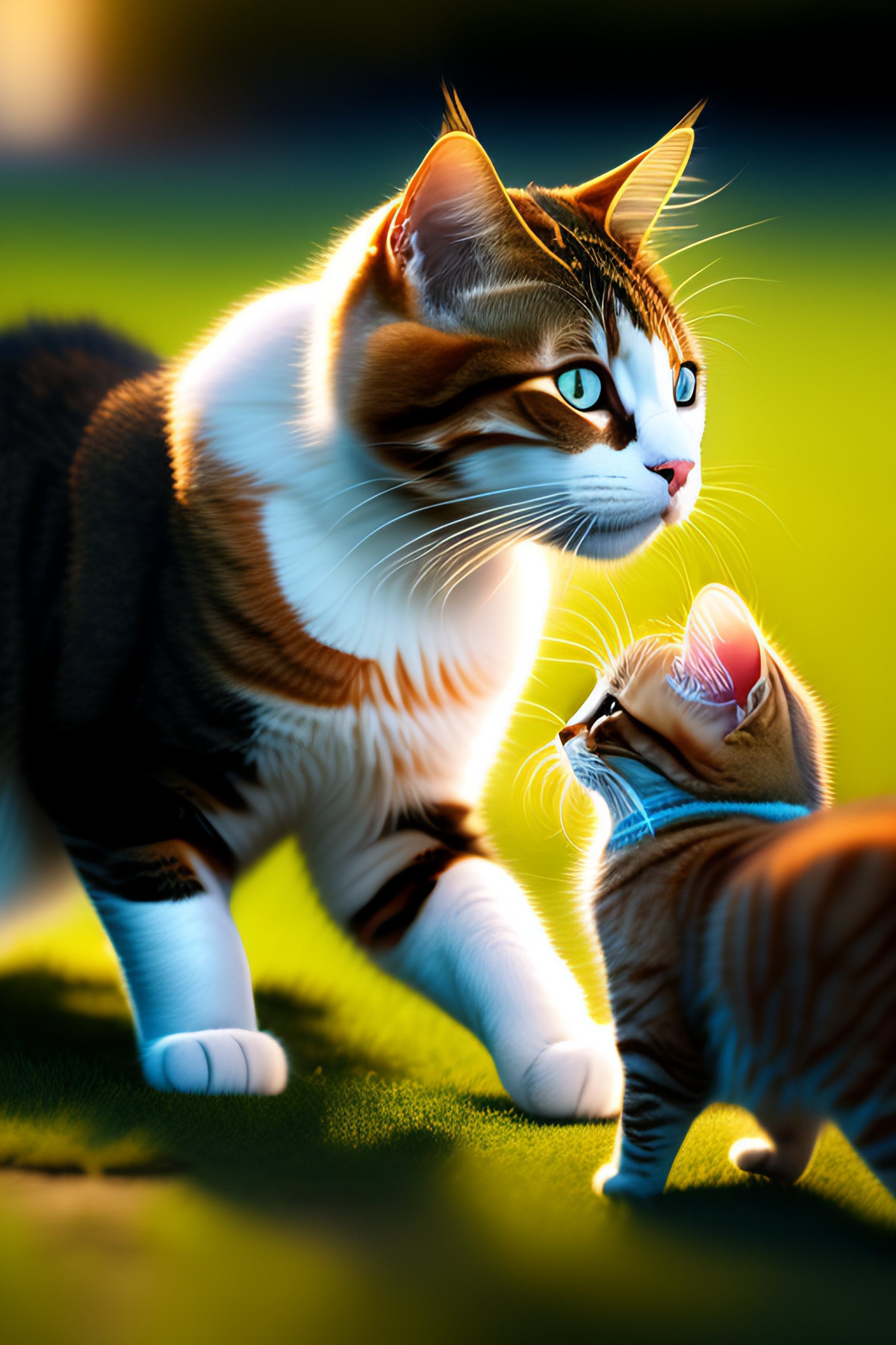 Lexica - Cat and bird playing on grass