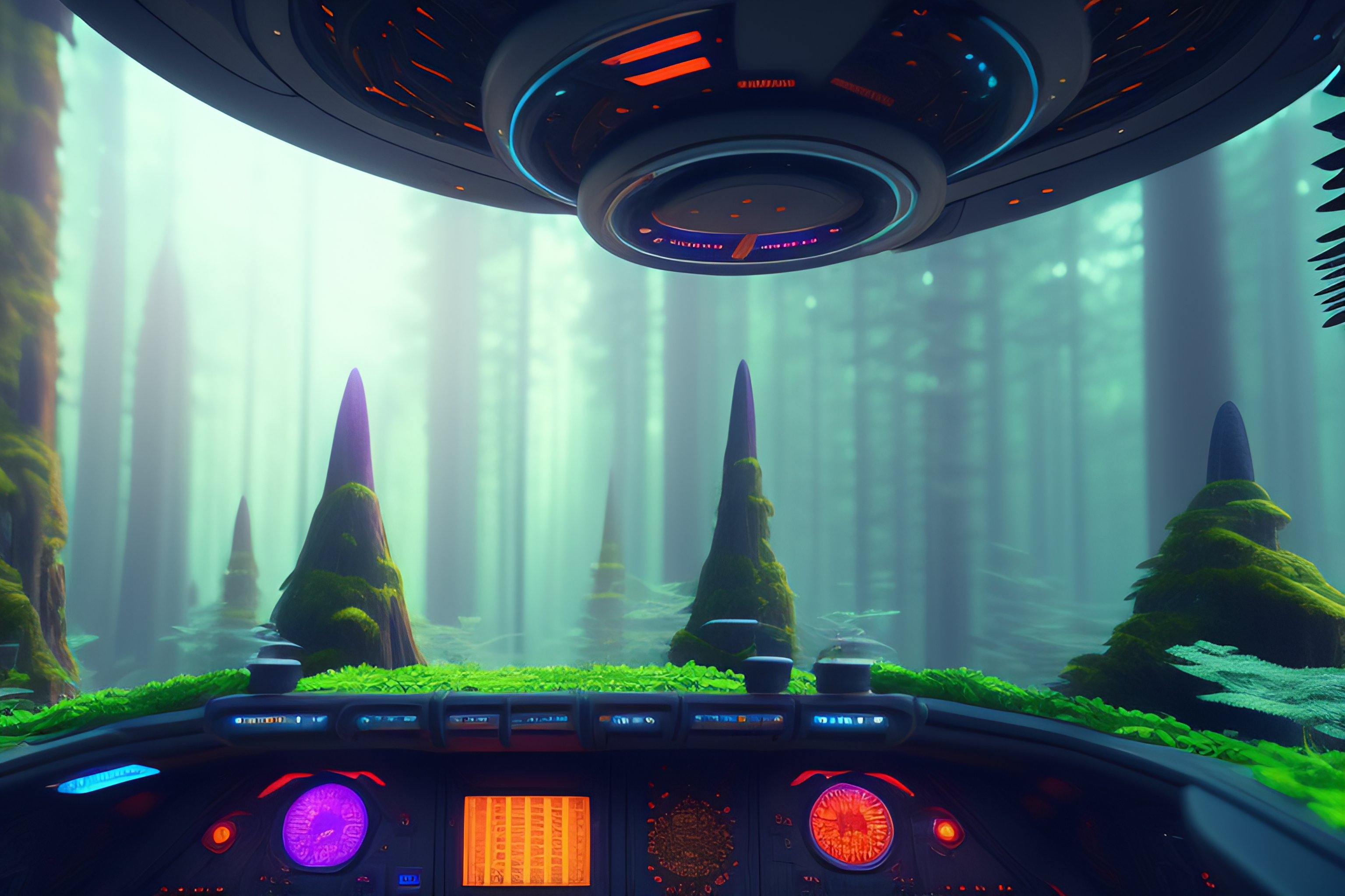Lexica - Fantasy spaceship cockpit in forest __ ground-level view ...
