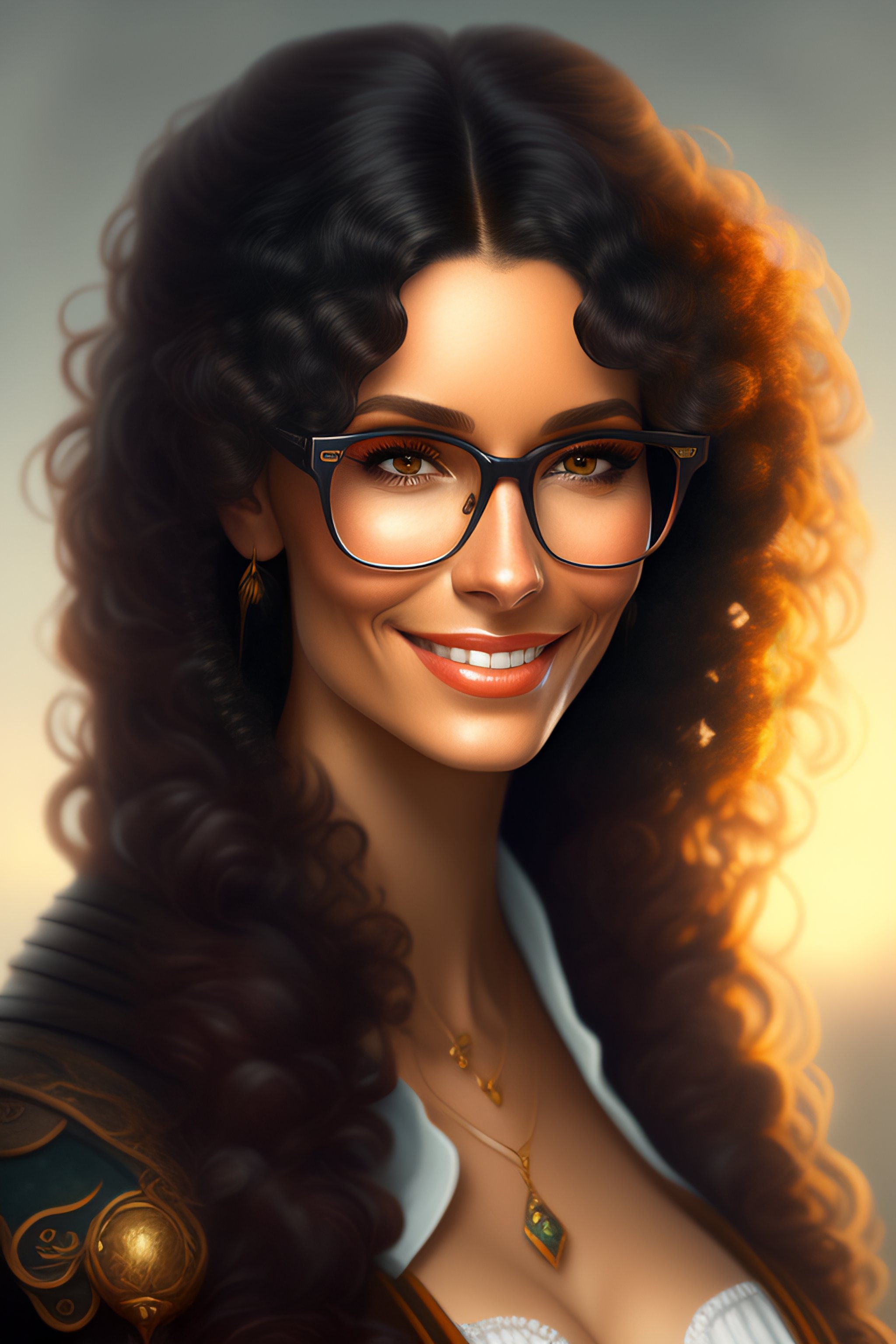 Lexica Face Caucasian Woman Long Curly Dark Hair Glasses Nice