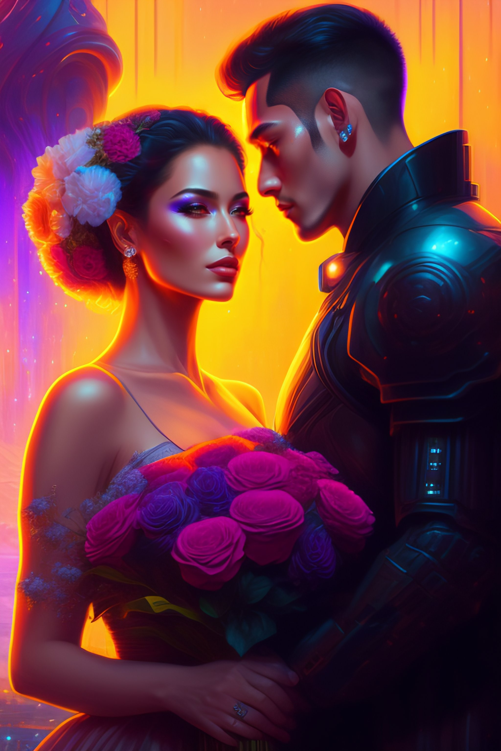 Lexica - An android man gives a bouquet of flowers to a beautiful human ...