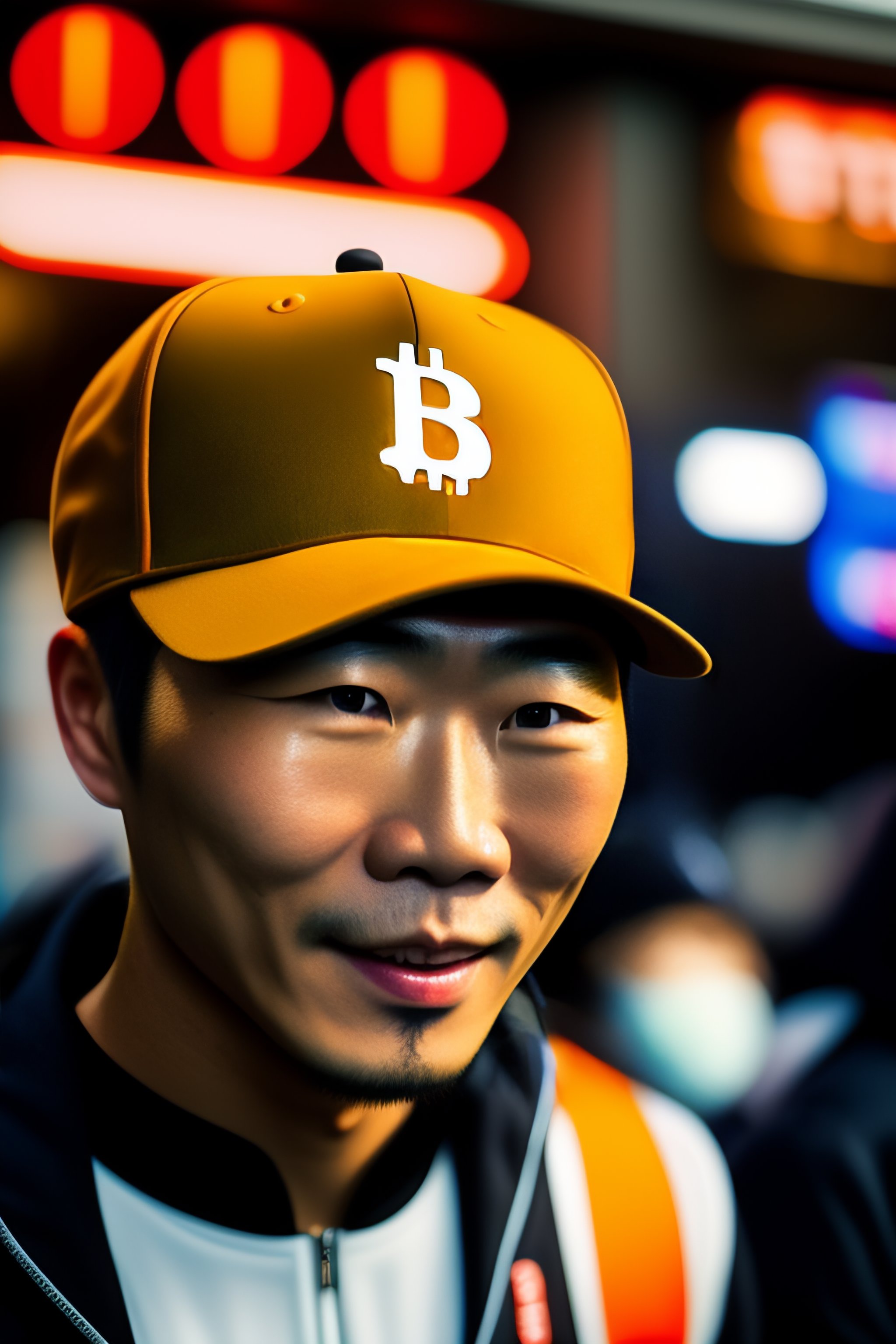 Lexica - ASIAN GUY WEARING A HAT WITH A BITCOIN LOGO ON IT IN TOKYO. IN ...