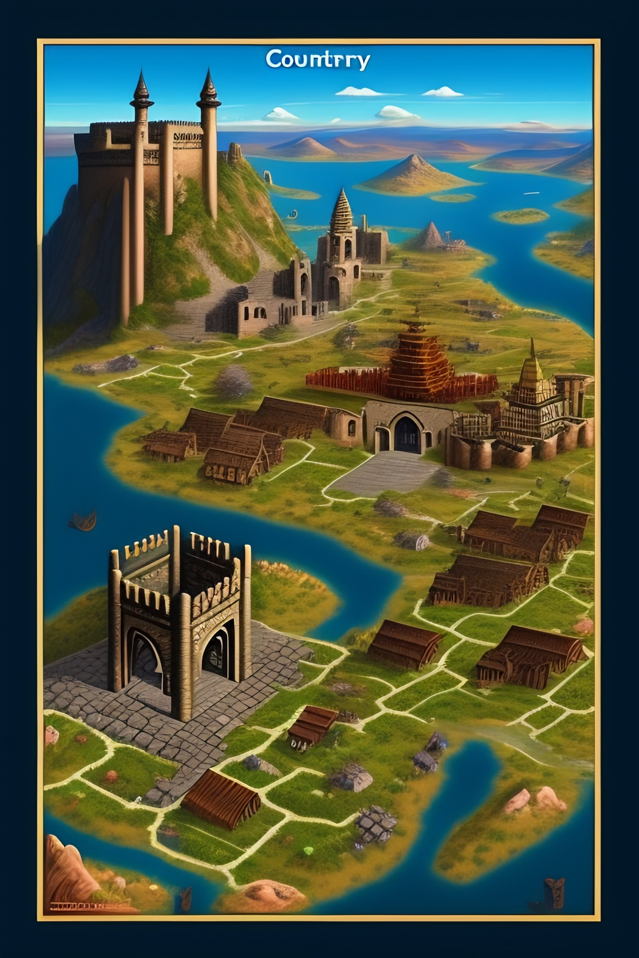 Lexica - Country , tabletop map, big city, towns, temples, ruis ...