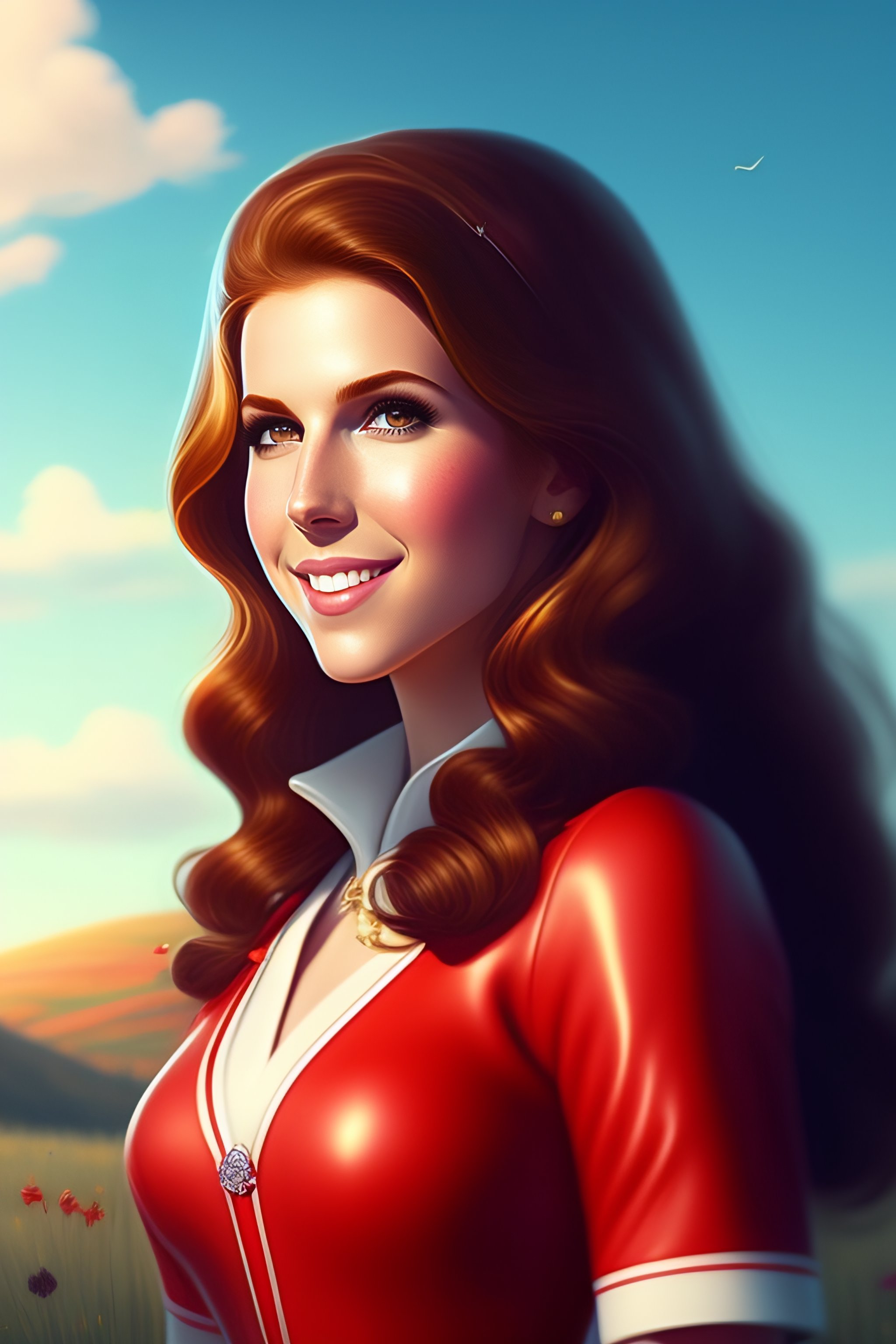 Lexica - View of gorgeous meadow with happy anna kendrick in red ...