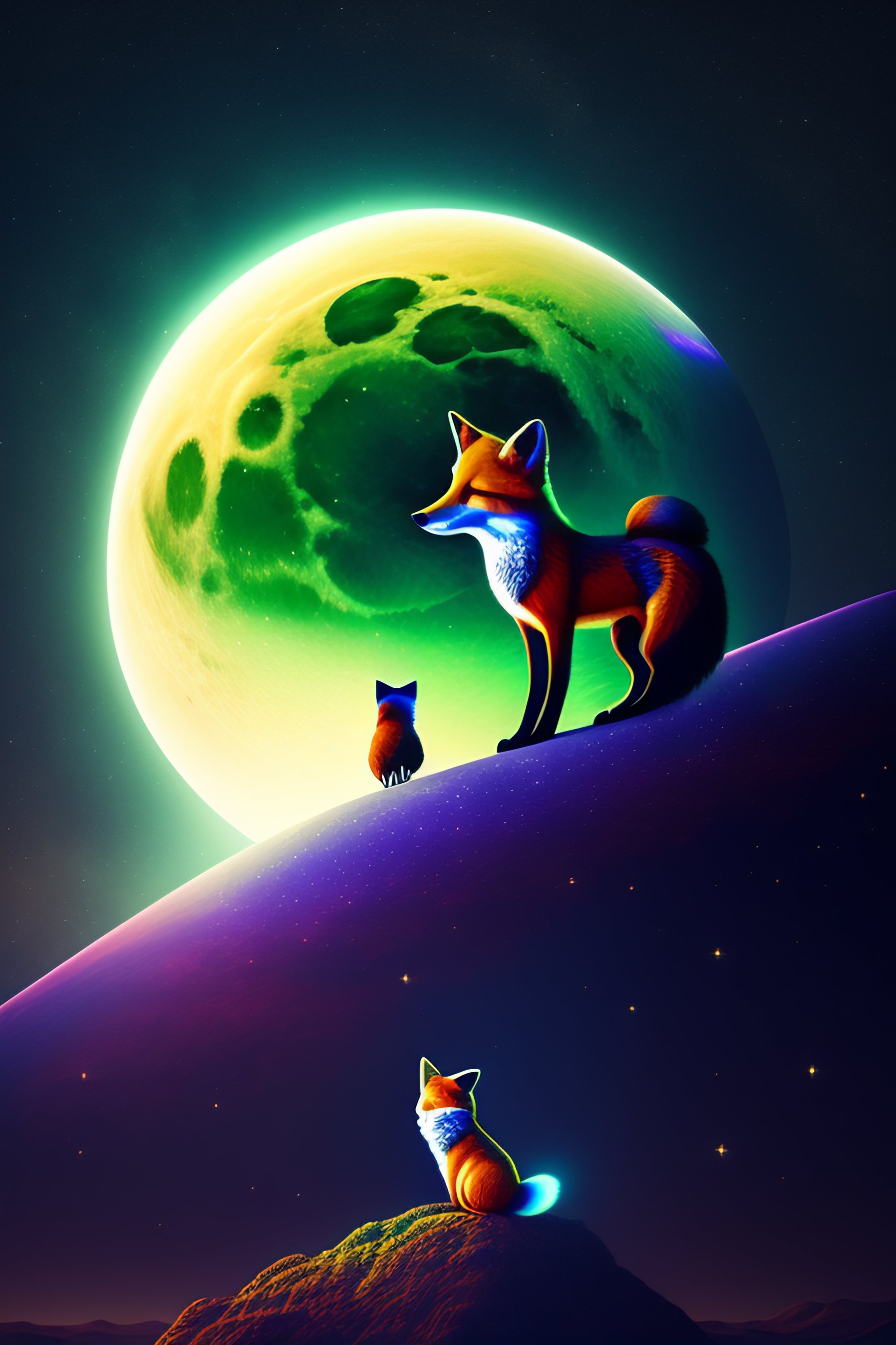 Lexica - Man and little fox moon on the top of green planet watching ...