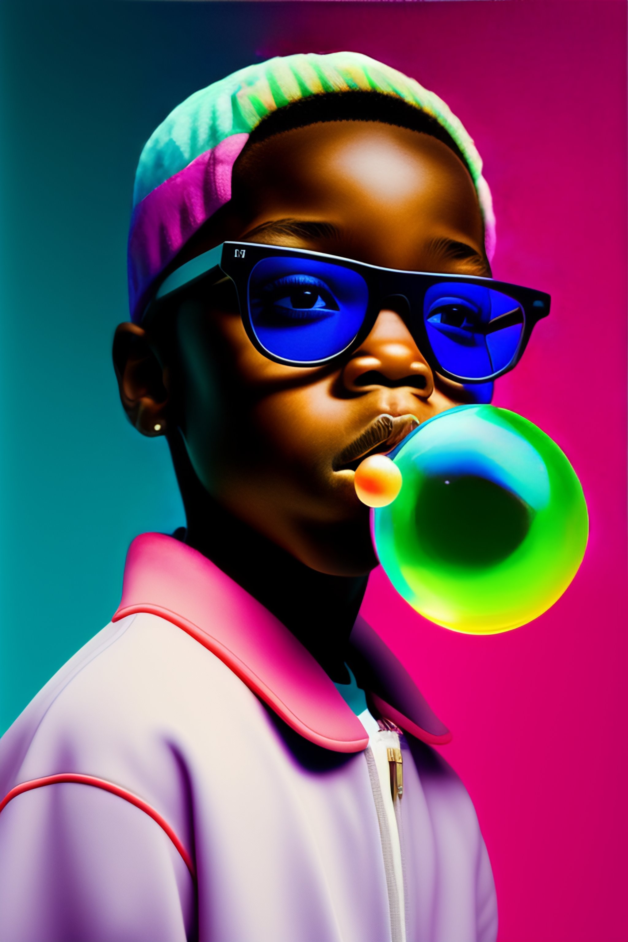 Lexica - Portrait African american boy wearing pale sunglasses and blowing a bubble with bubble ...