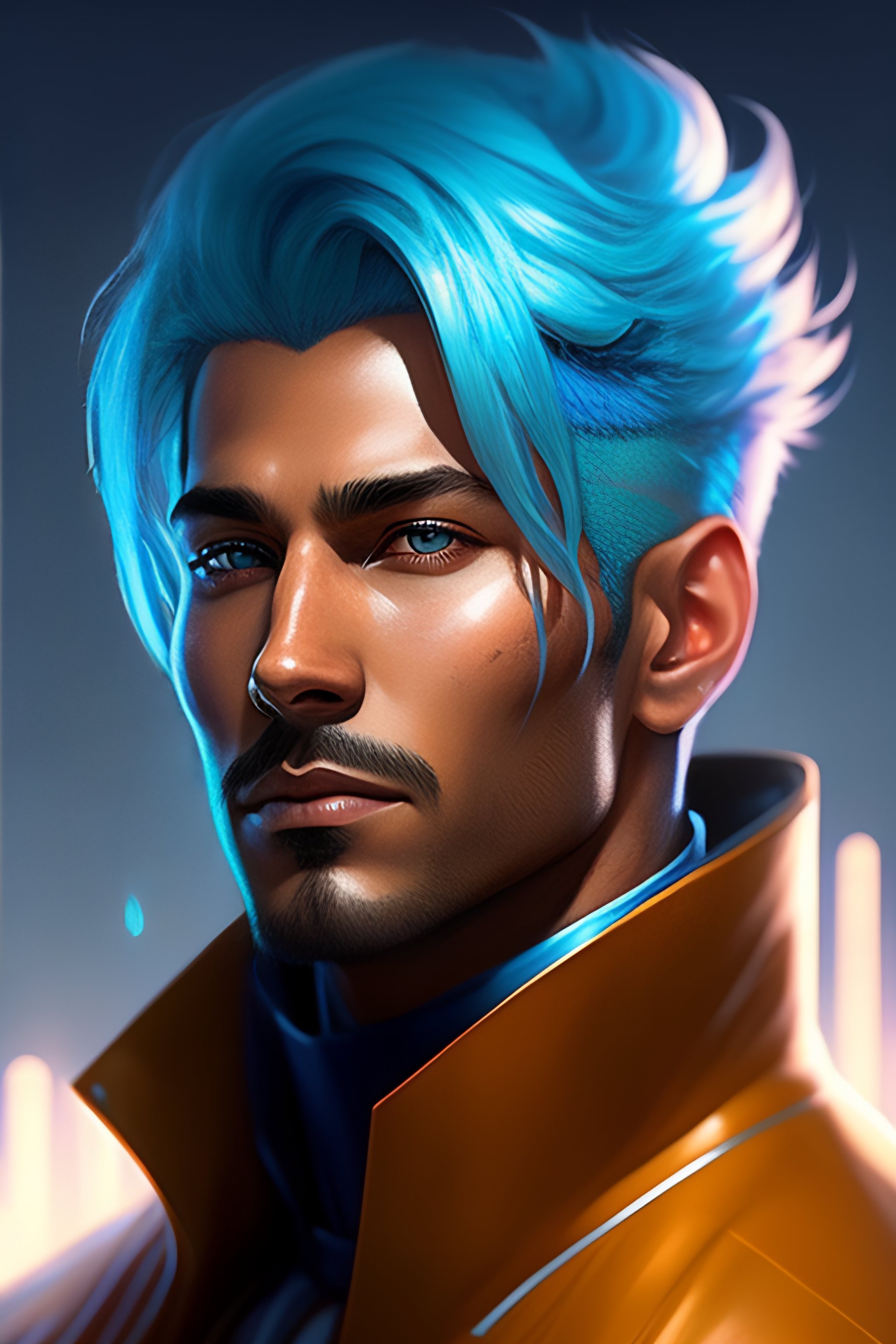 Lexica - A portrait of a fake tan male scientist with cyan blue hair by ...