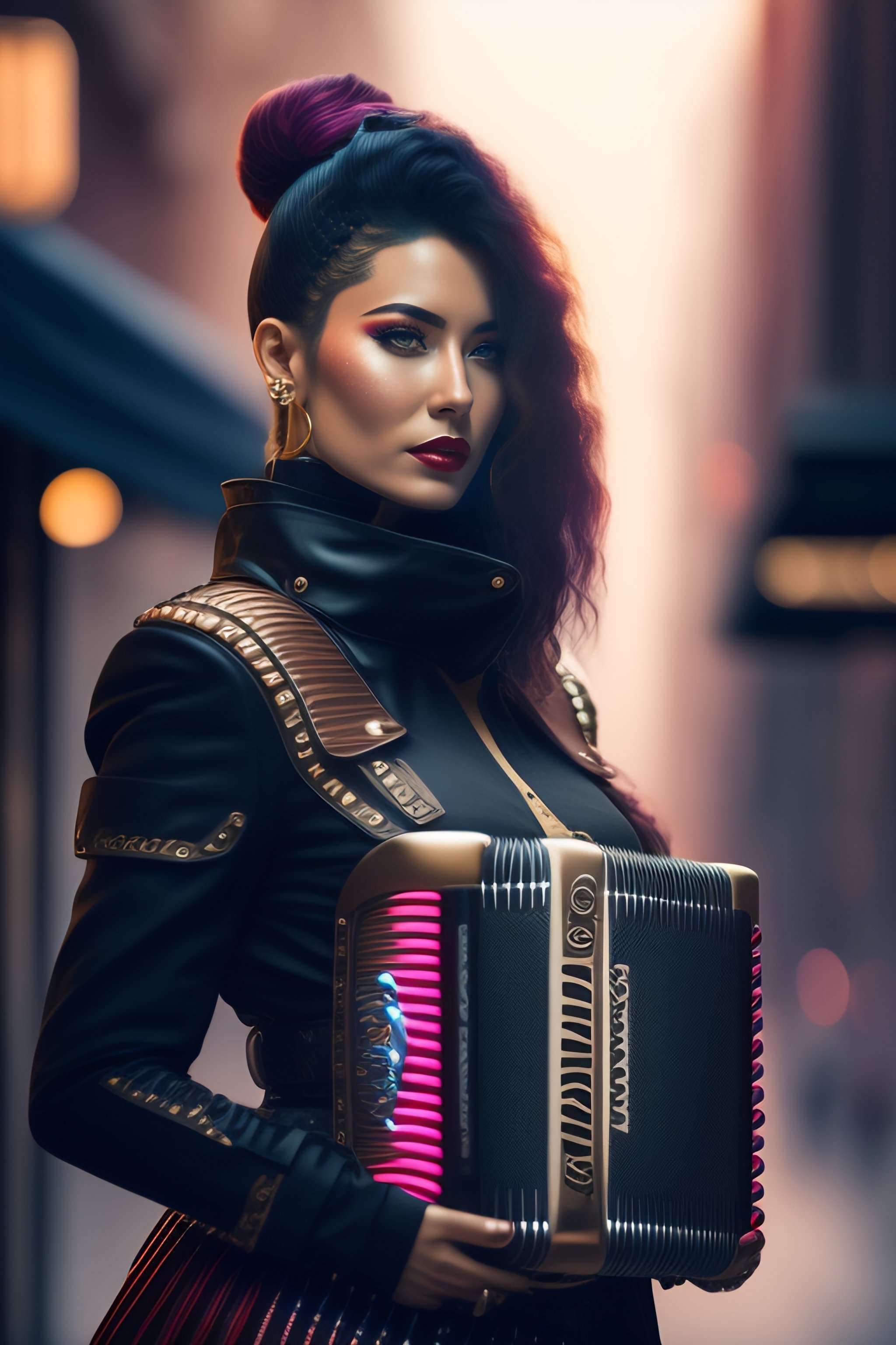 Lexica - Woman with accordion, cyberpunk