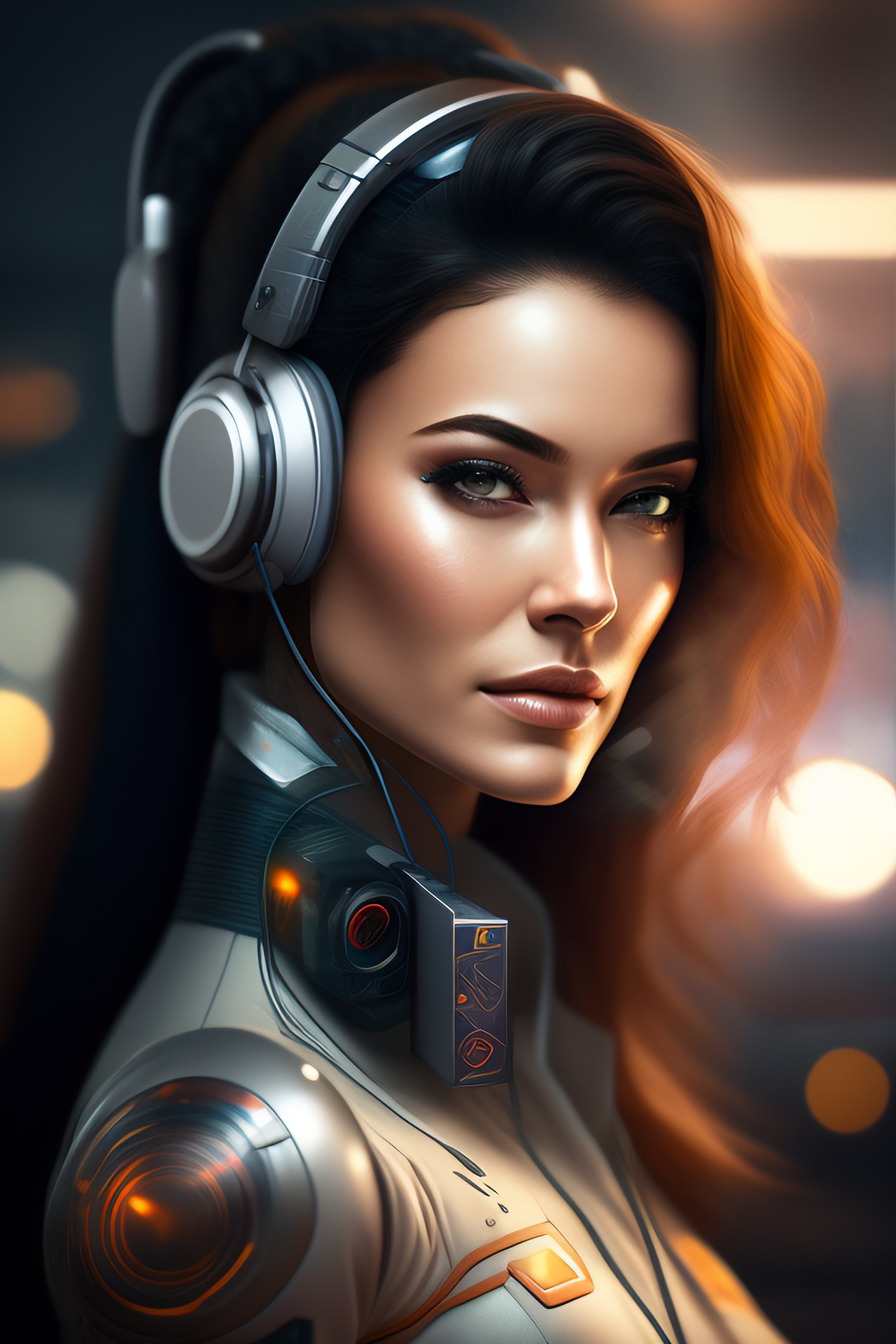 Lexica - Cyborg with computer,female, a character side portrait, realistic, half body shot ...