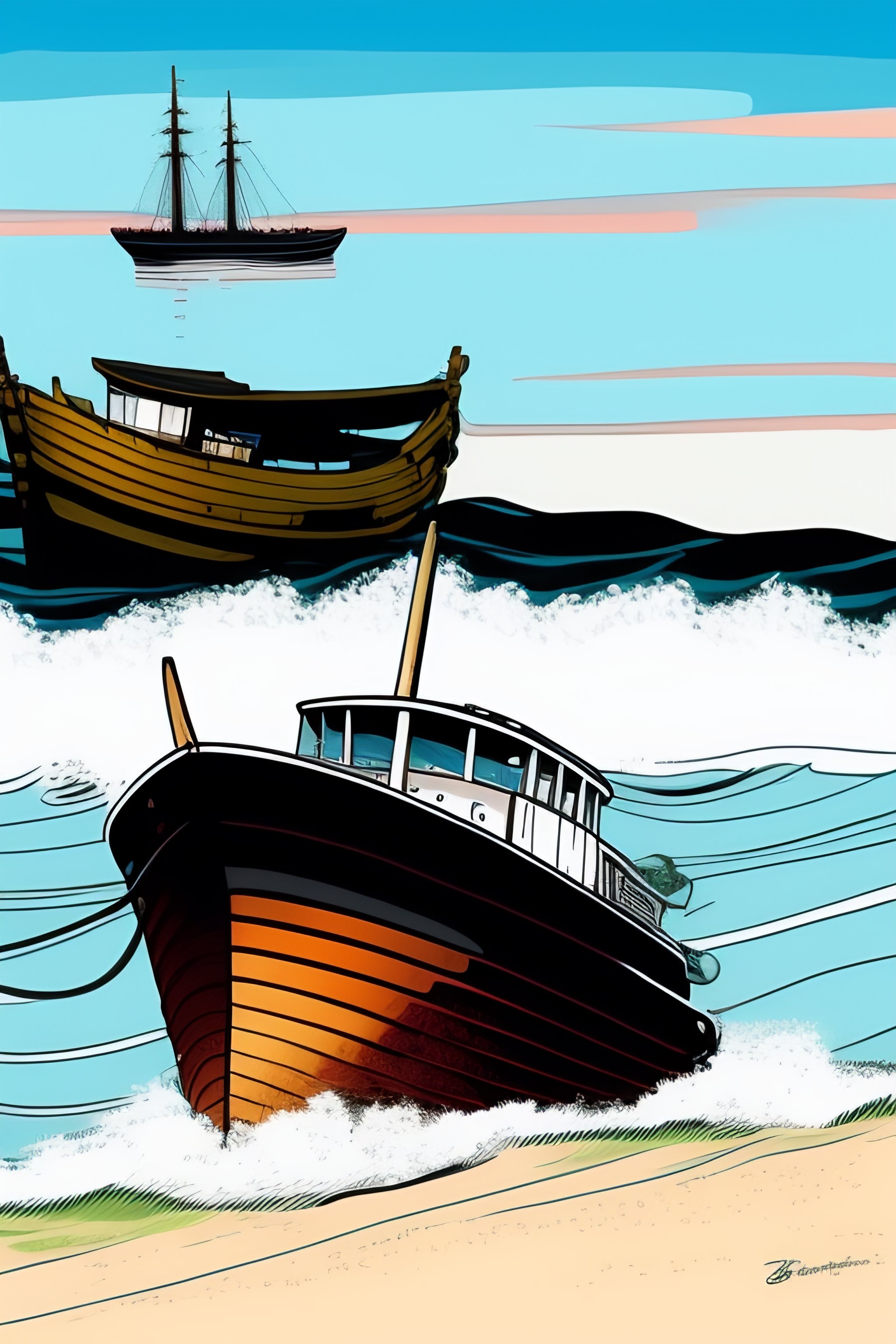 Lexica - Broken old boat in big storm, illustrated by hergé, style of ...
