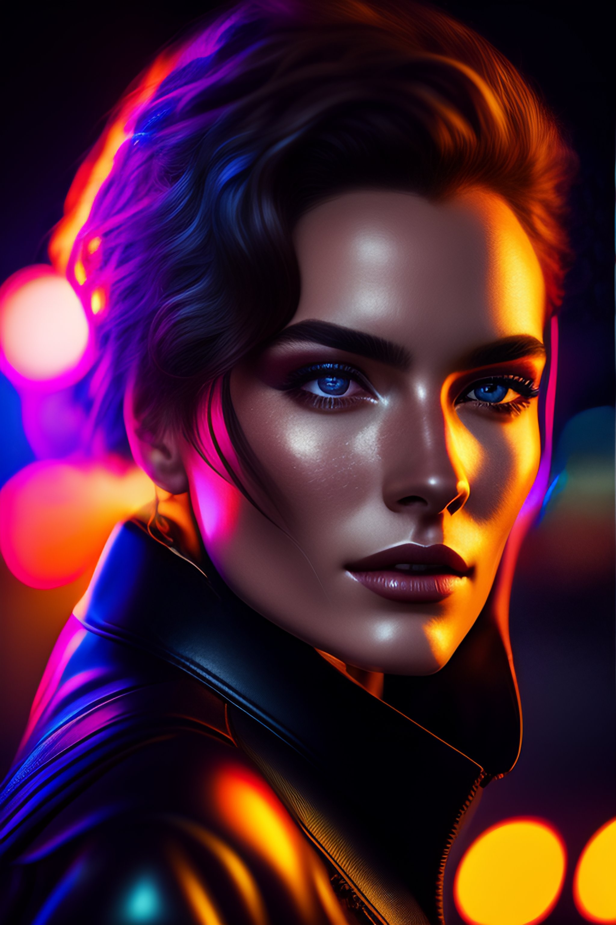 Lexica - Portrait photo of a cyber women's face, black leather jacket ...