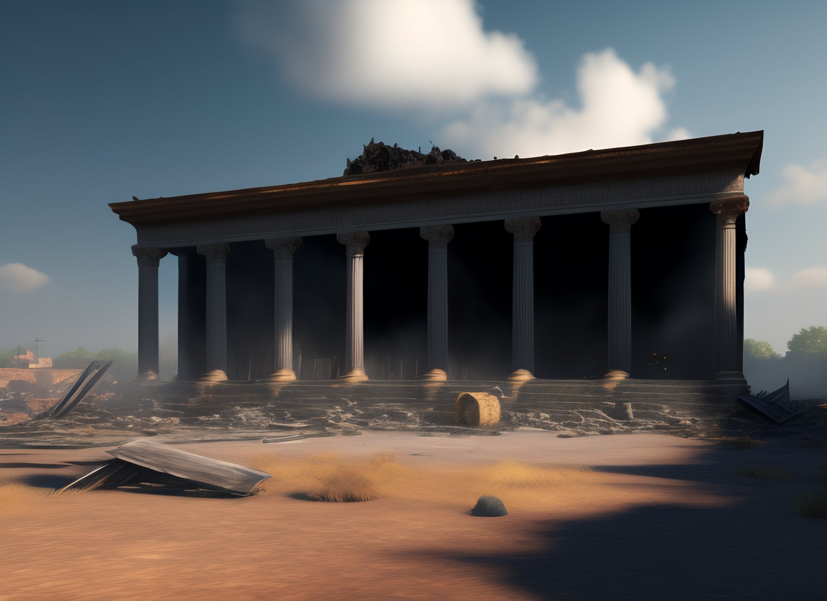 Lexica - Burnt down hall building. foreground, realistic, completely ...