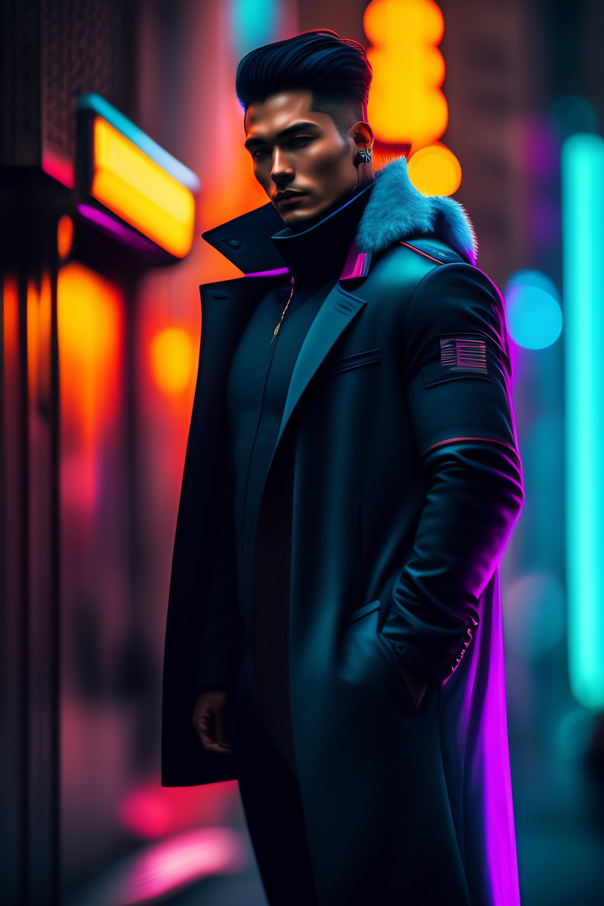 Lexica - Neon man,cyberpunk,coat suit
