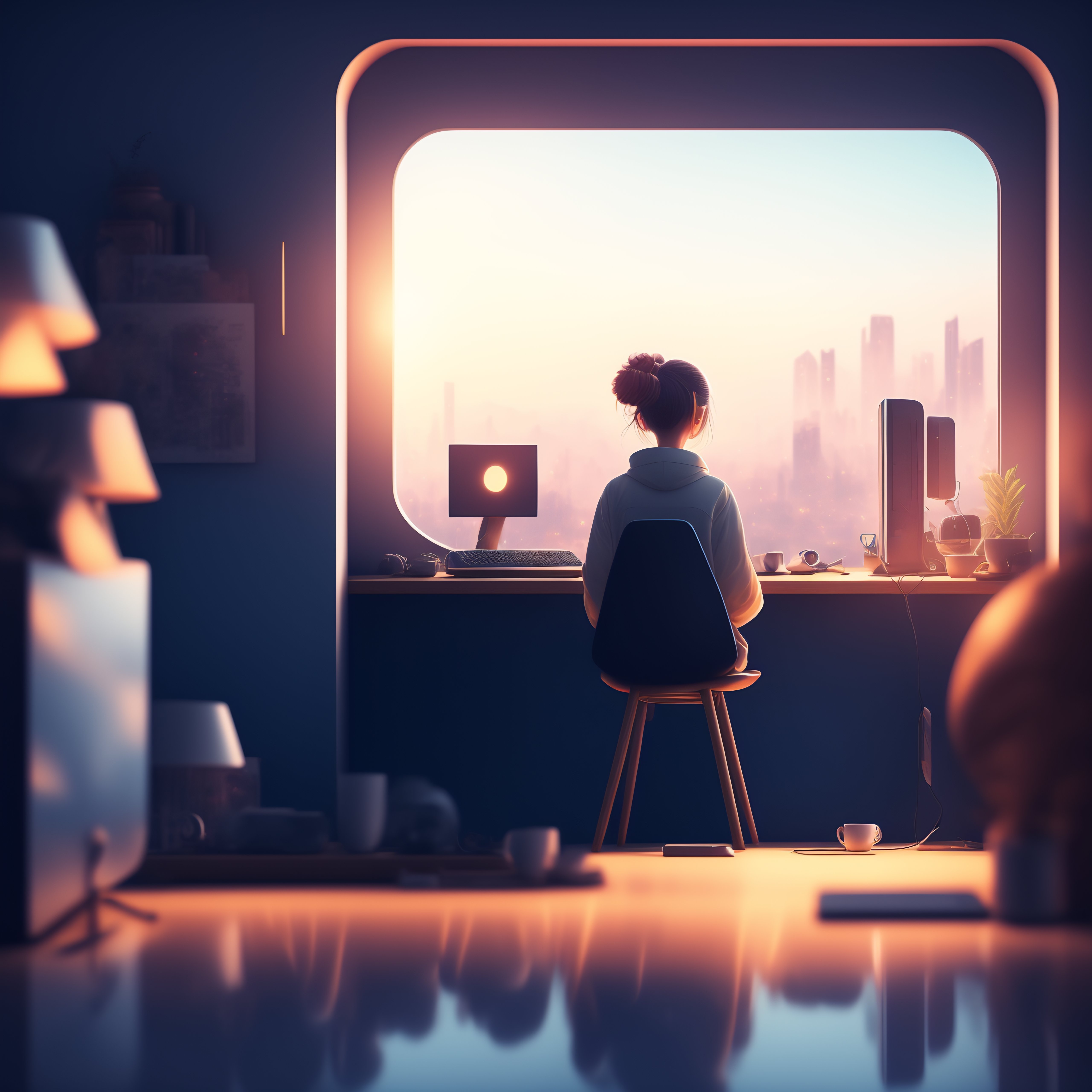 Lexica - A girl working on a computer in a small room with a big window ...