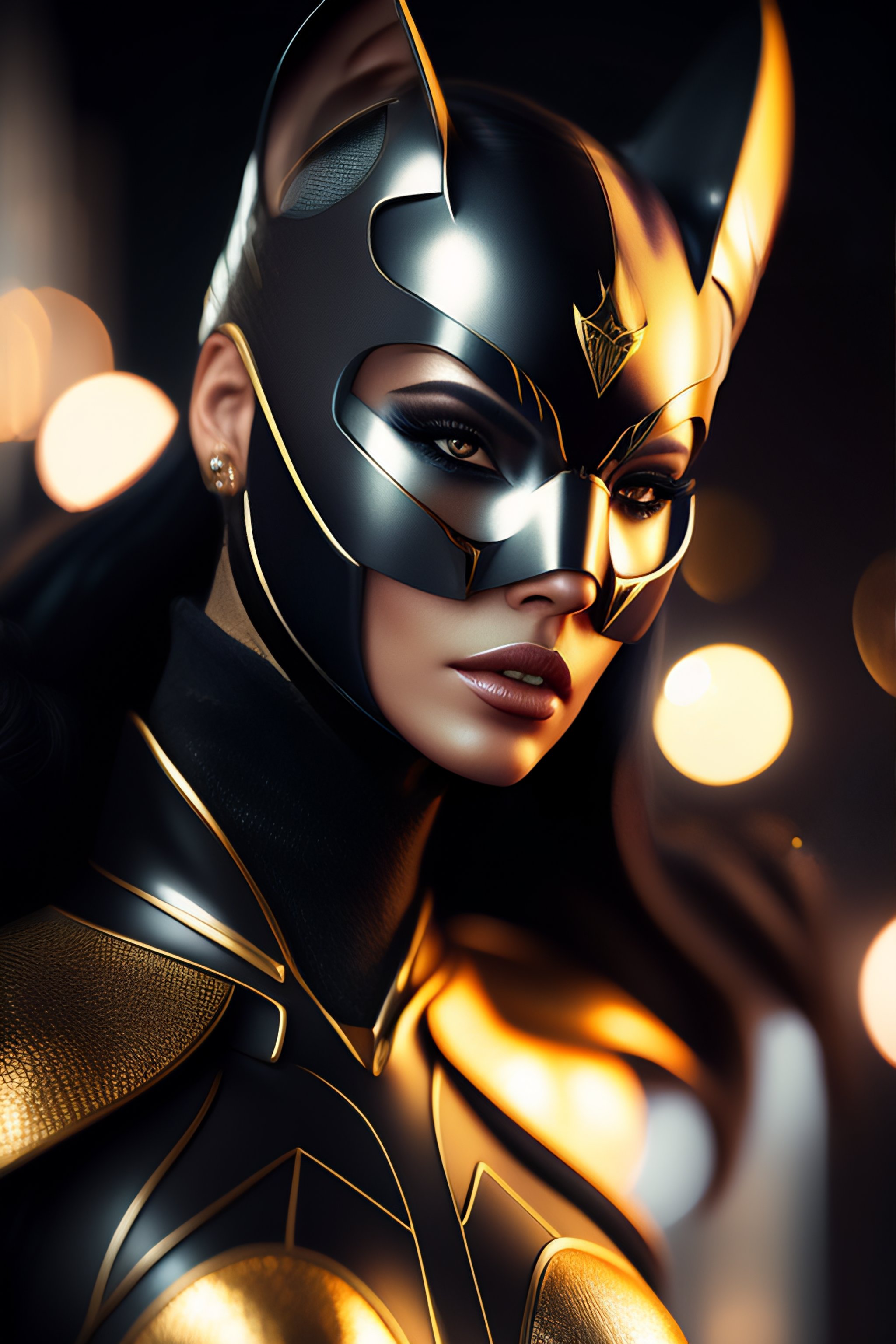 Lexica - Majestic action close-up portrait of bat-woman wearing chrome ...