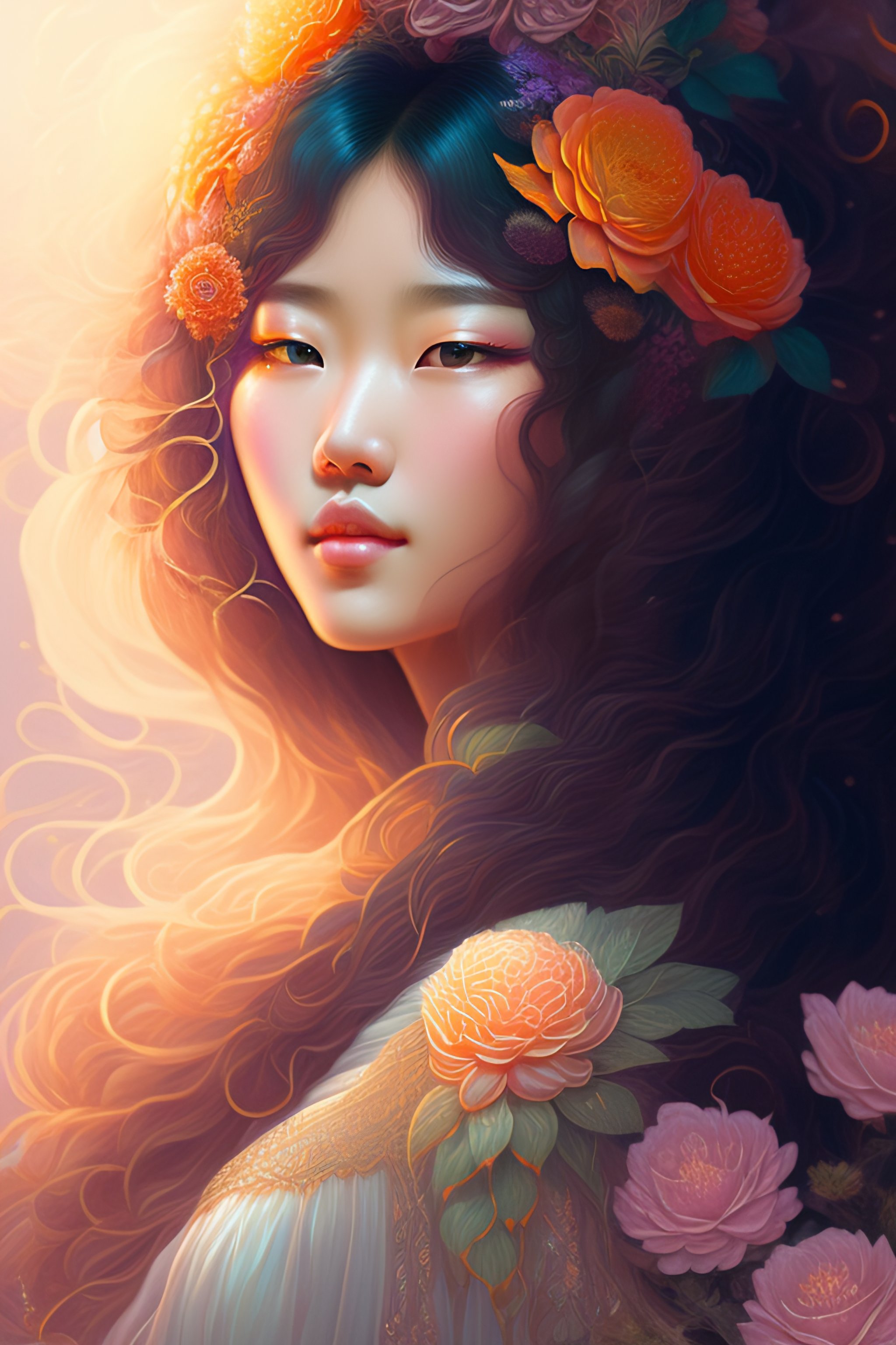 Lexica - Beautiful cute front portrait Korean ninfa, big long curly ...