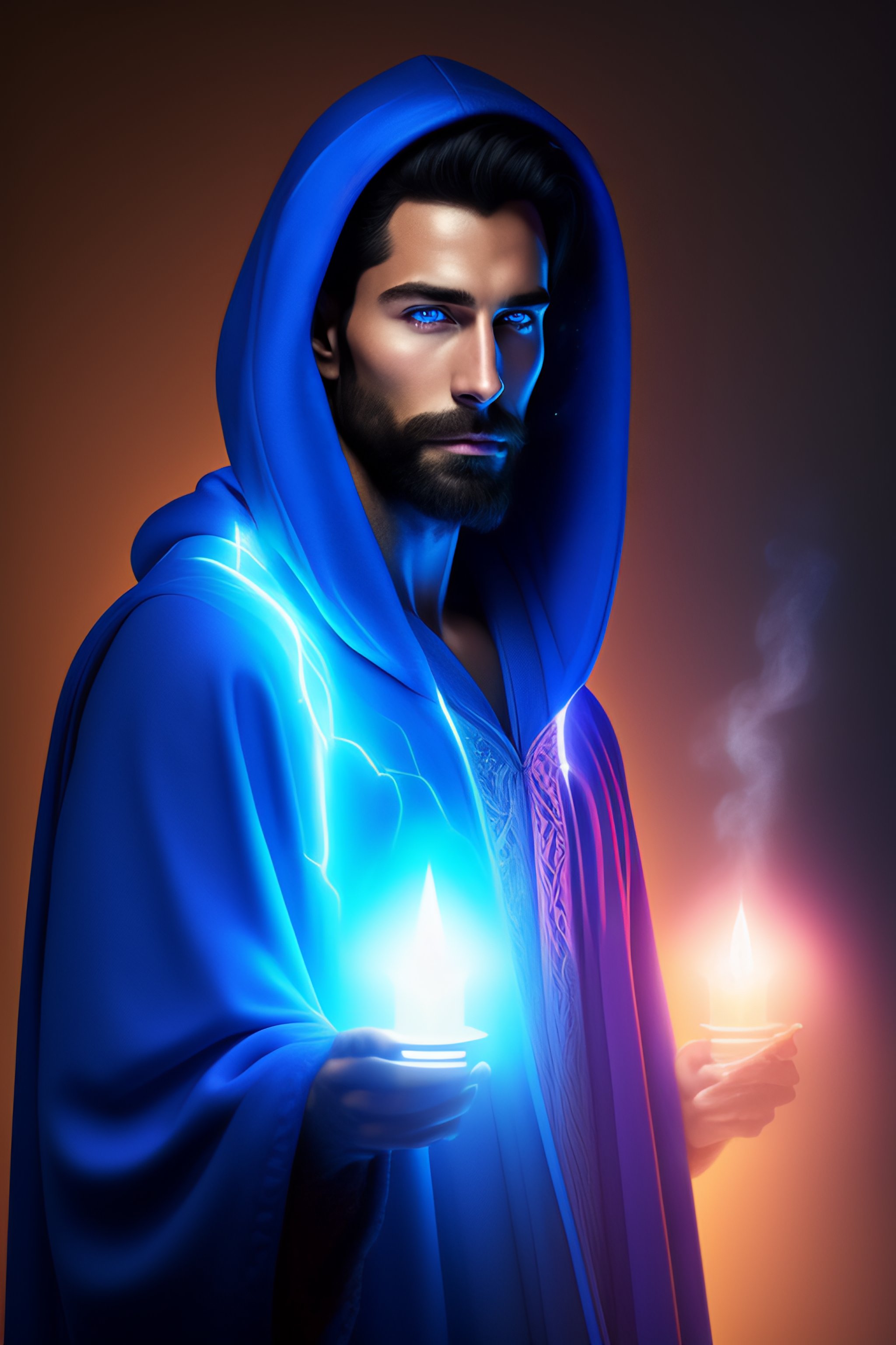 Lexica - 32 age old male wizard with blue robe and hoodie, glowing blue ...