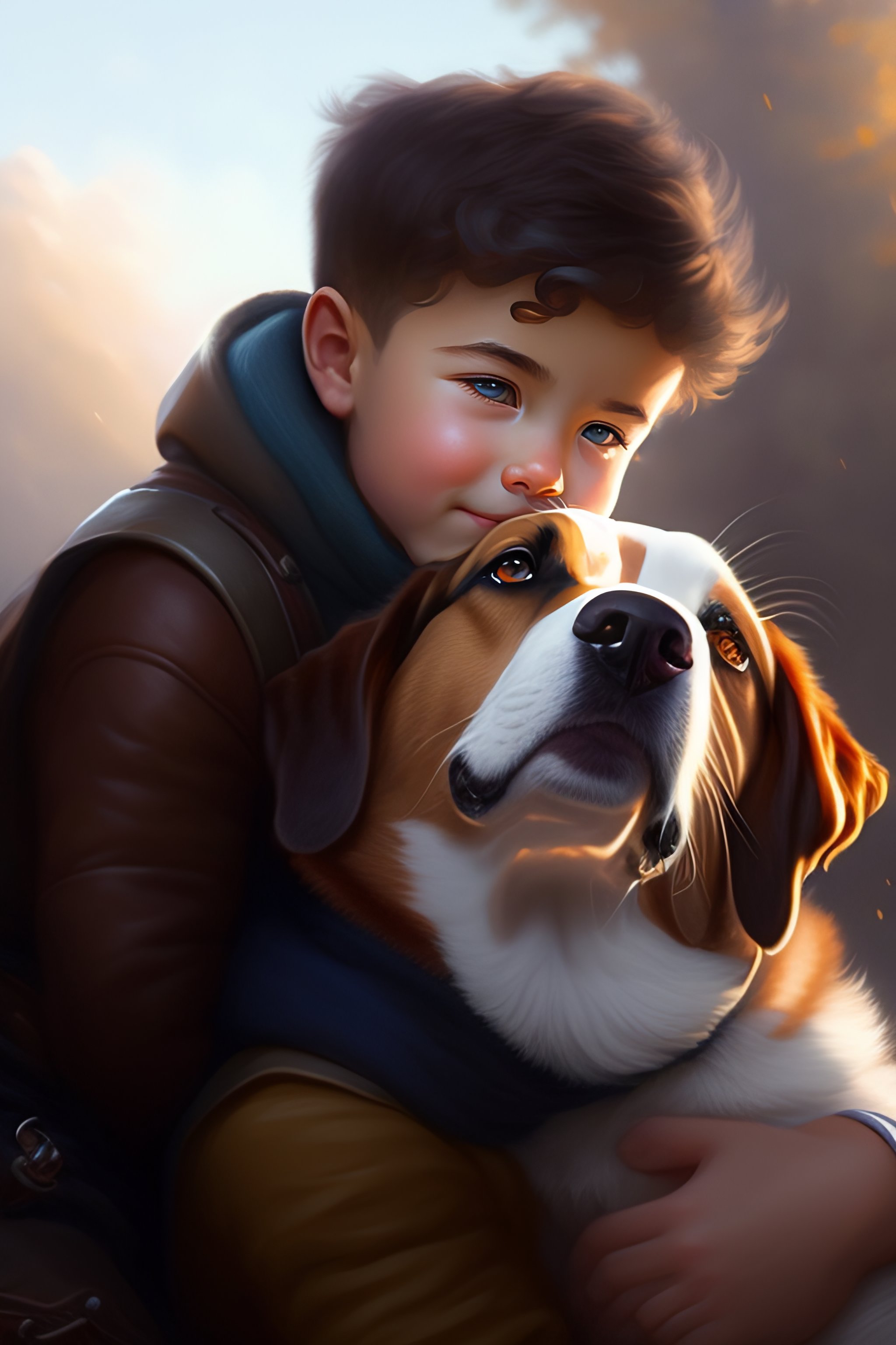 Lexica - A detailed portrait of a cute boy hugging a dog illustrator ...