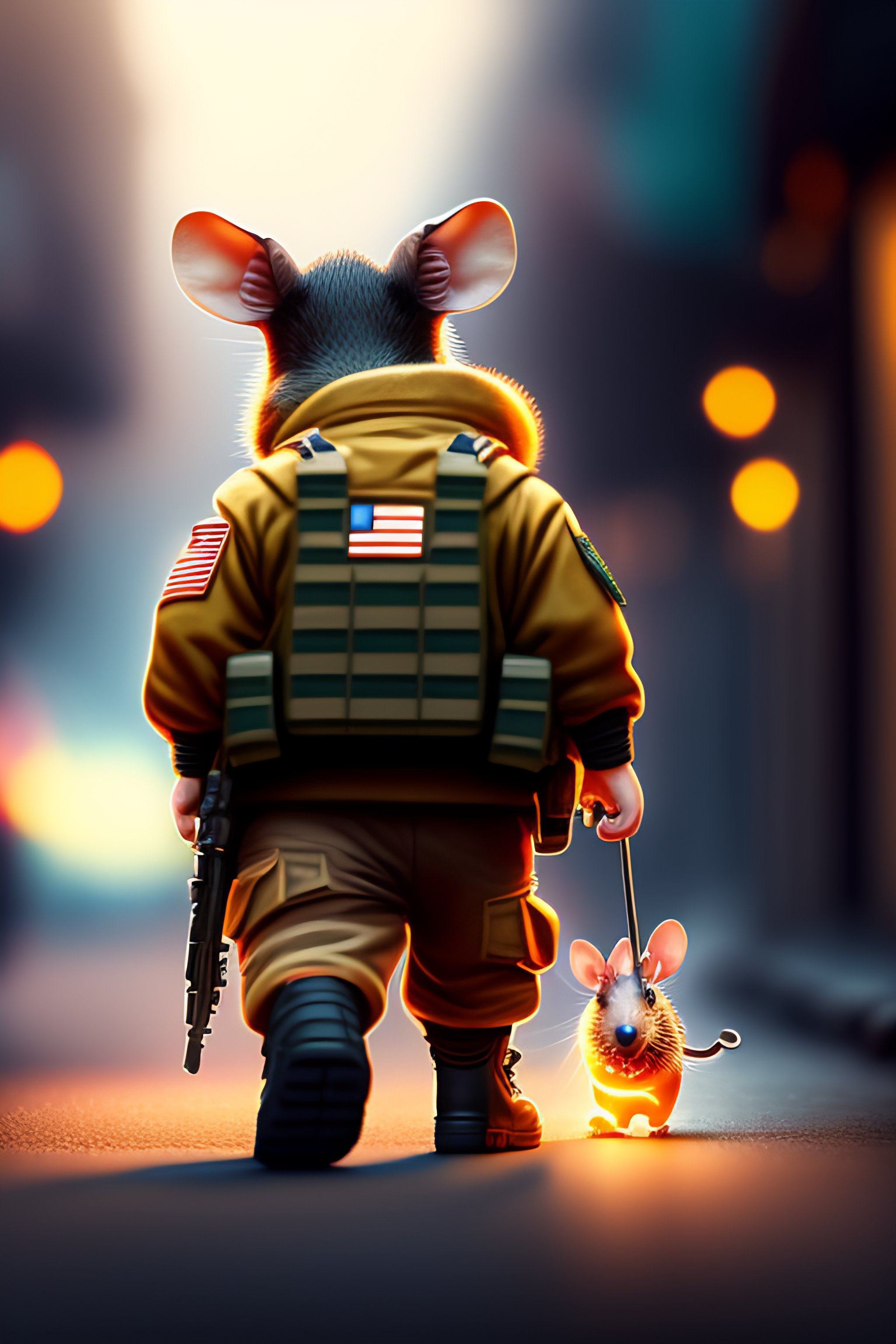 Lexica - A military rat with a machine gun walking with a baby by an ...