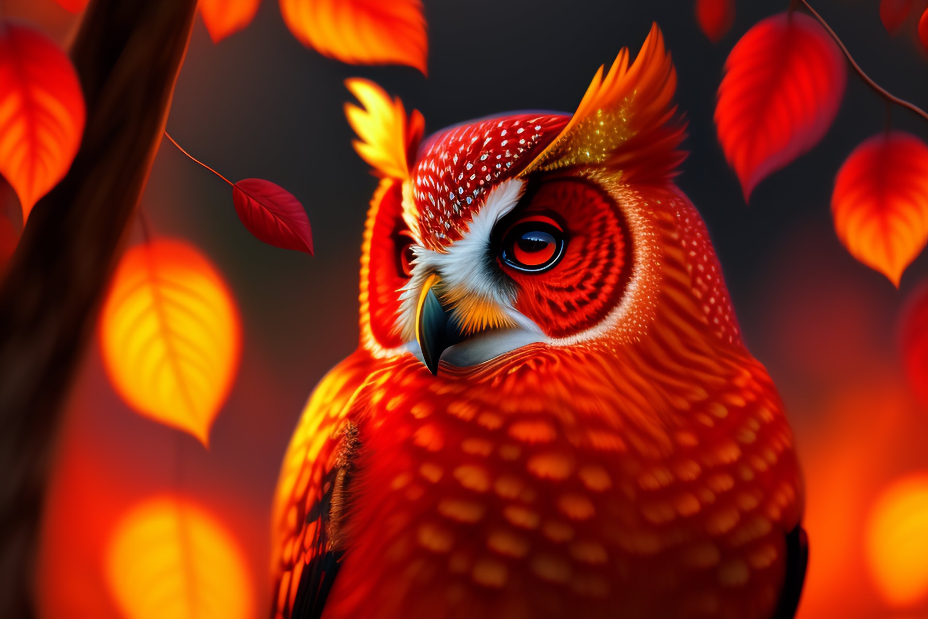 Lexica - Radiant red owl, glowing amber, autumn colours, highly ...