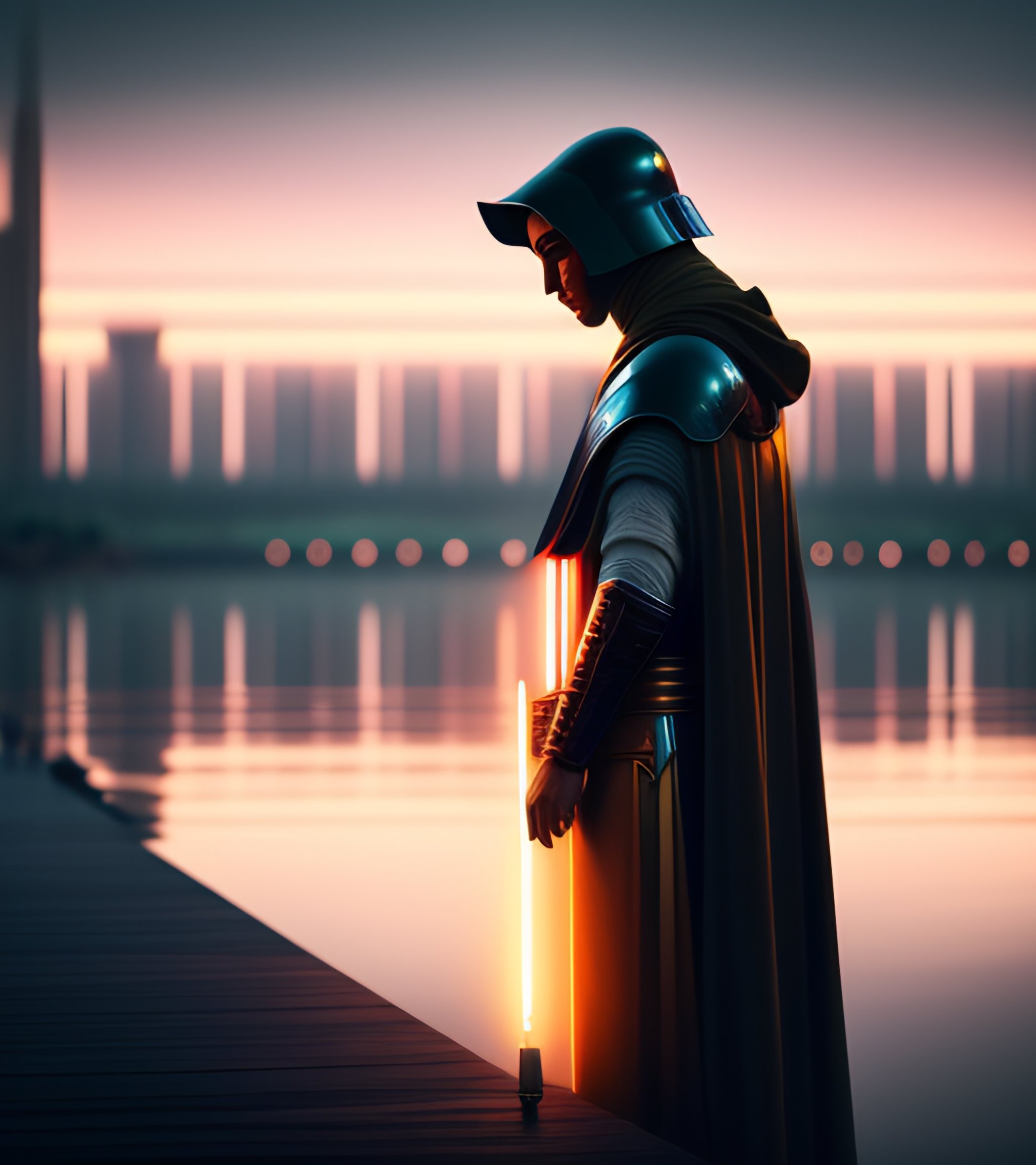 Lexica - Jedi knight in a a markplate,city by the lake, james paick and ...