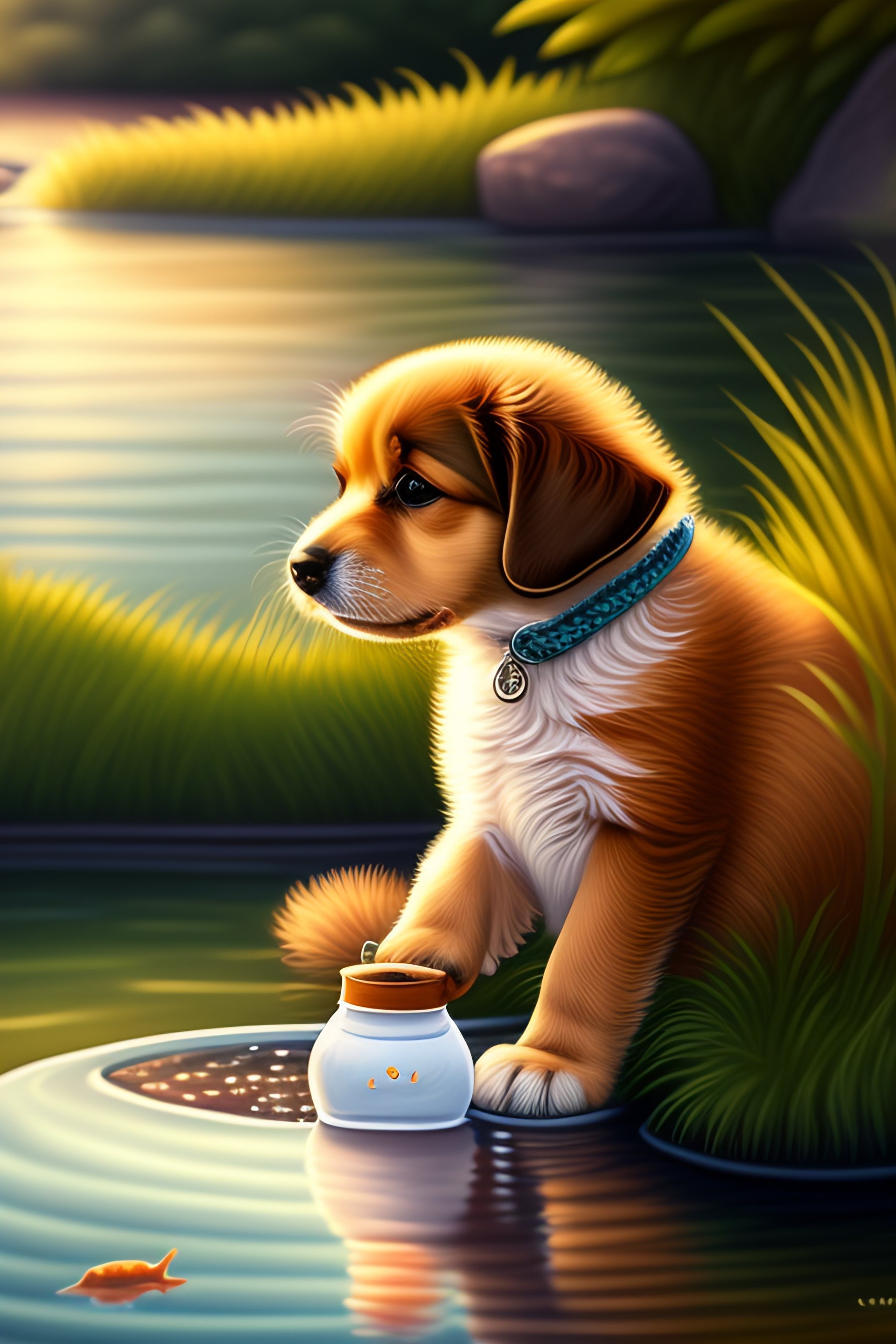 Lexica - A cartoon picture of a baby DOG drinking from a pond, a child ...