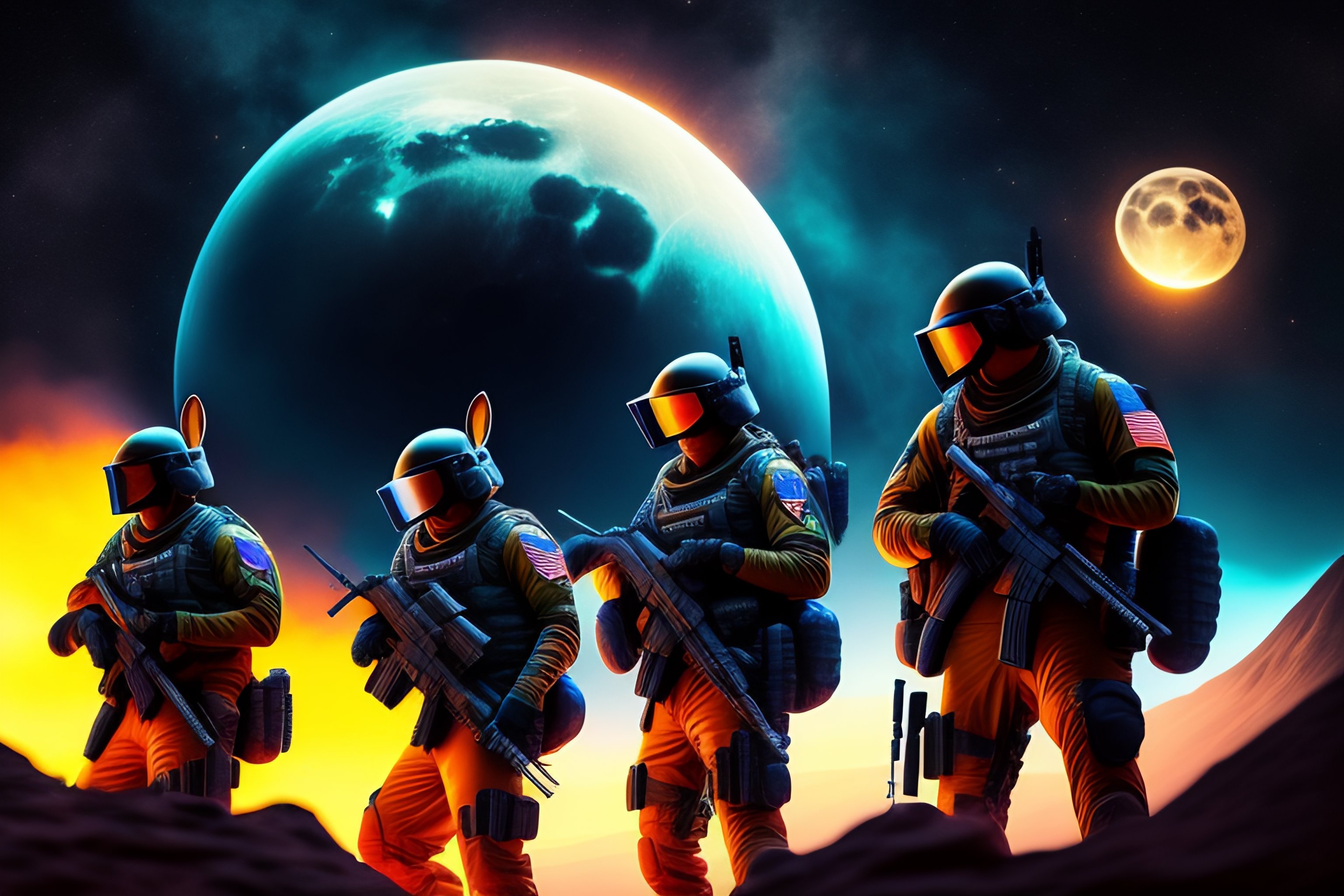 Lexica - Five neon rabbits from the special forces unit, dressed in ...