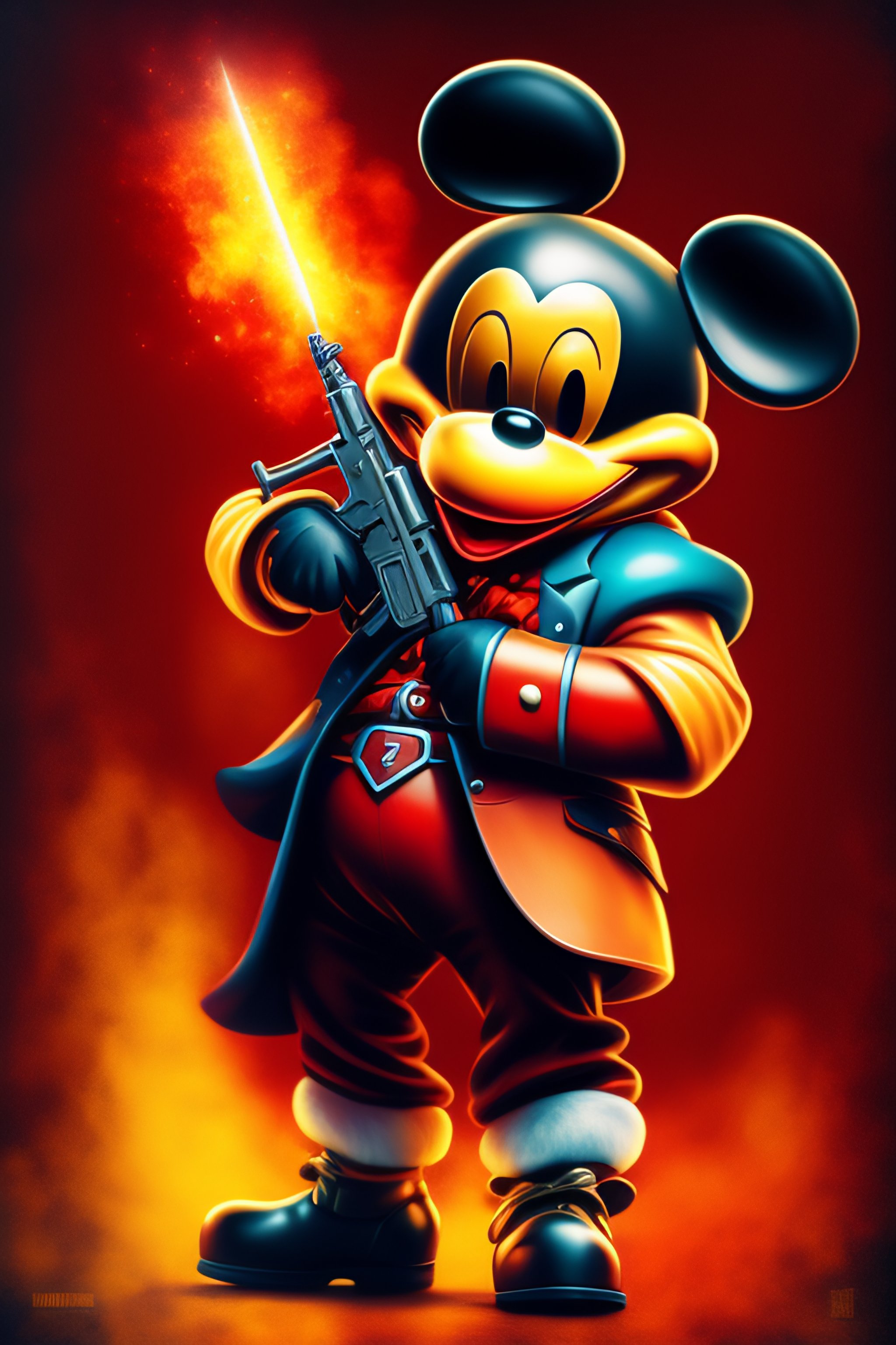 Lexica - Ronald macdonald holding an ak47 fighting mickey mouse, horror ...