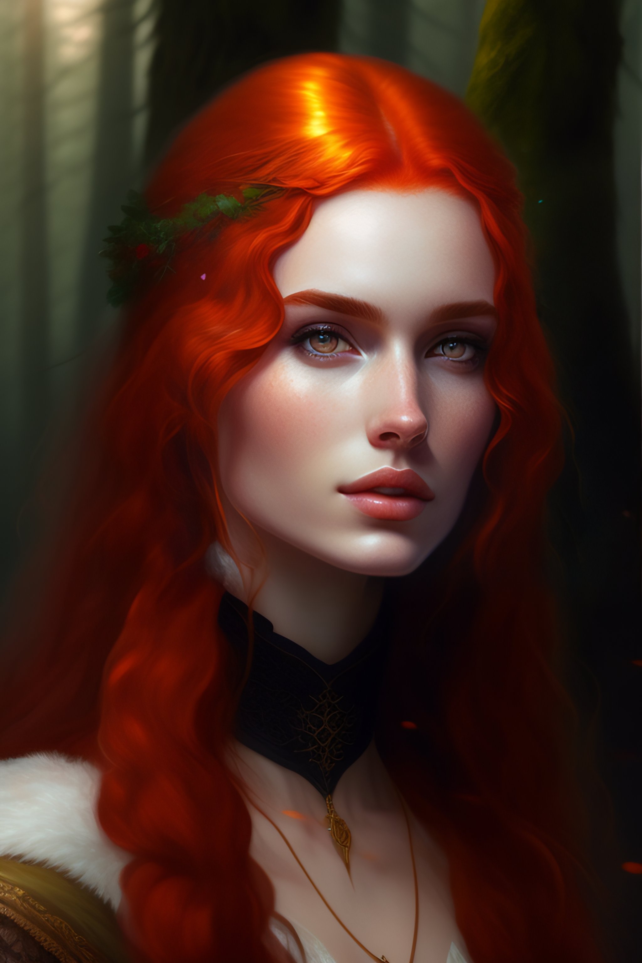 Lexica - Realistic detailed waist portrait of a beautiful red hair girl, pale skin, choker ...