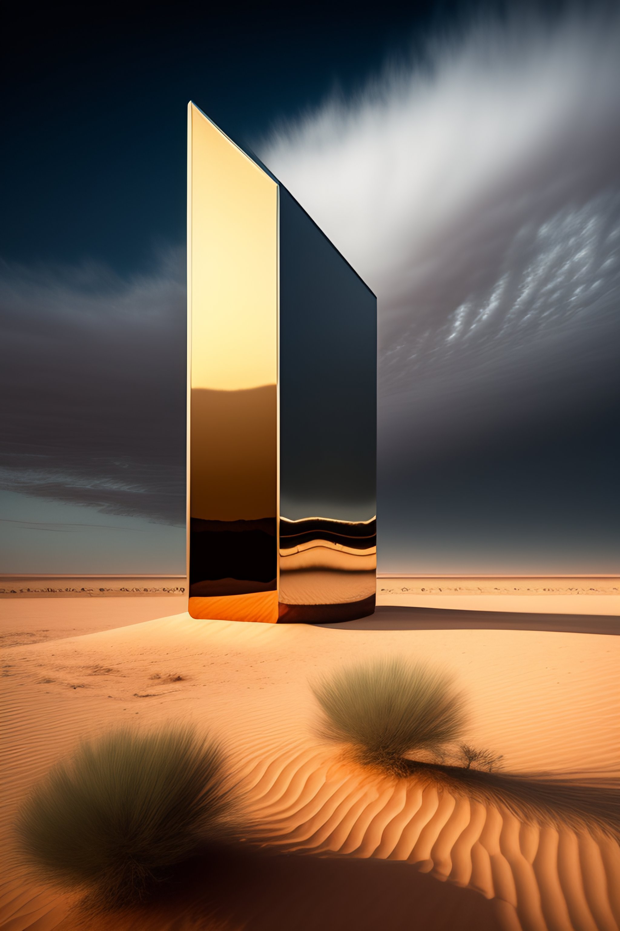 Lexica - Large metal monolith in desert, highly reflective