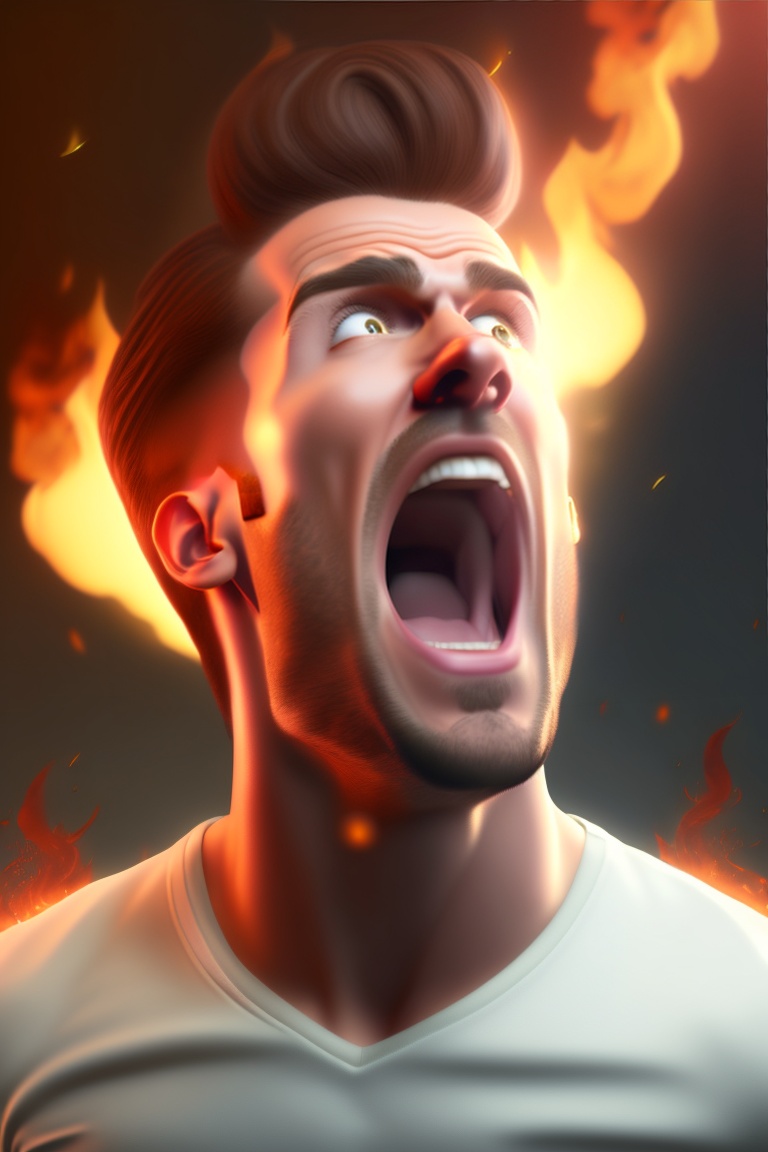 Lexica - Man frustrated, looking up, shouting, and there's fire in the ...