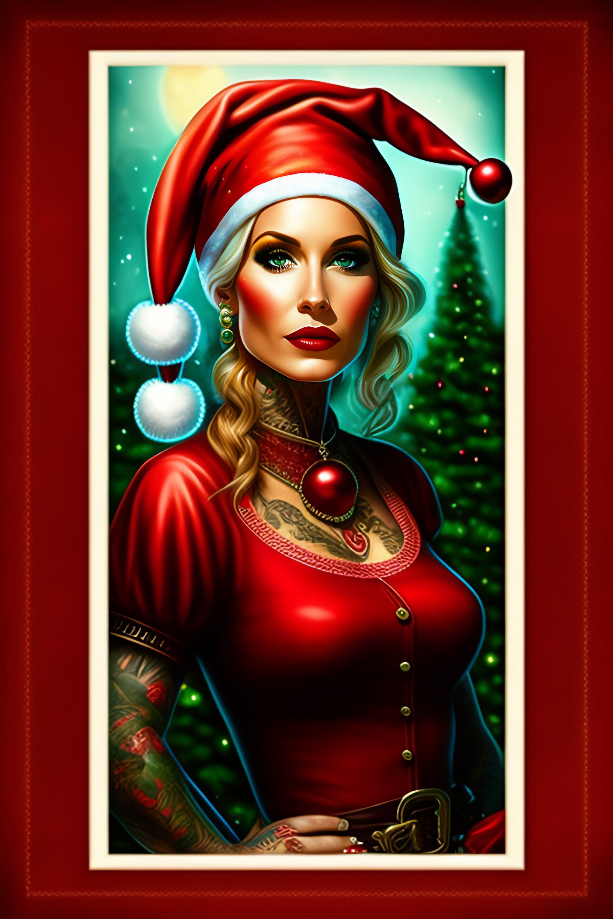 Lexica - Holiday elf, female, tattooed, painted style, santa
