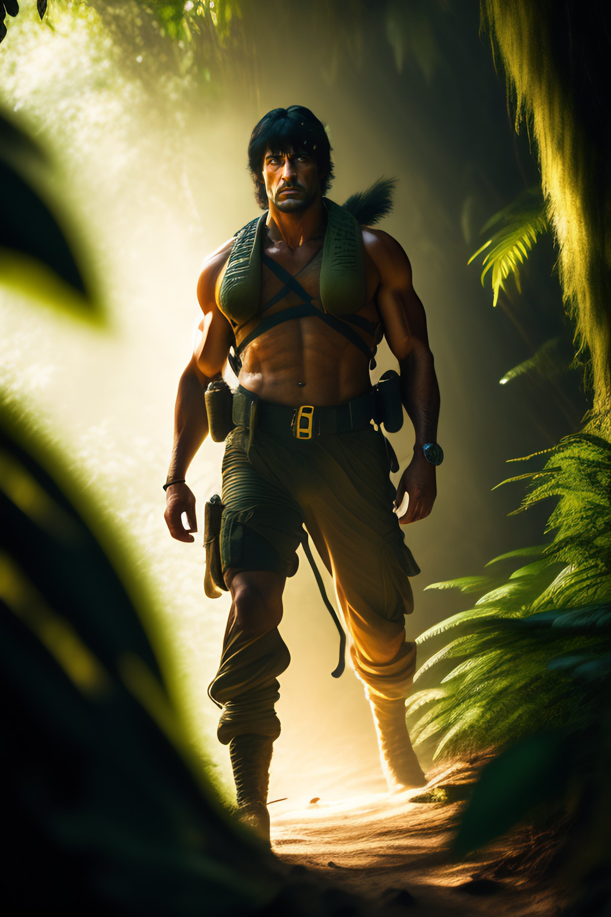 Lexica - Action shot of john rambo in a jungle, cinematic lighting ...
