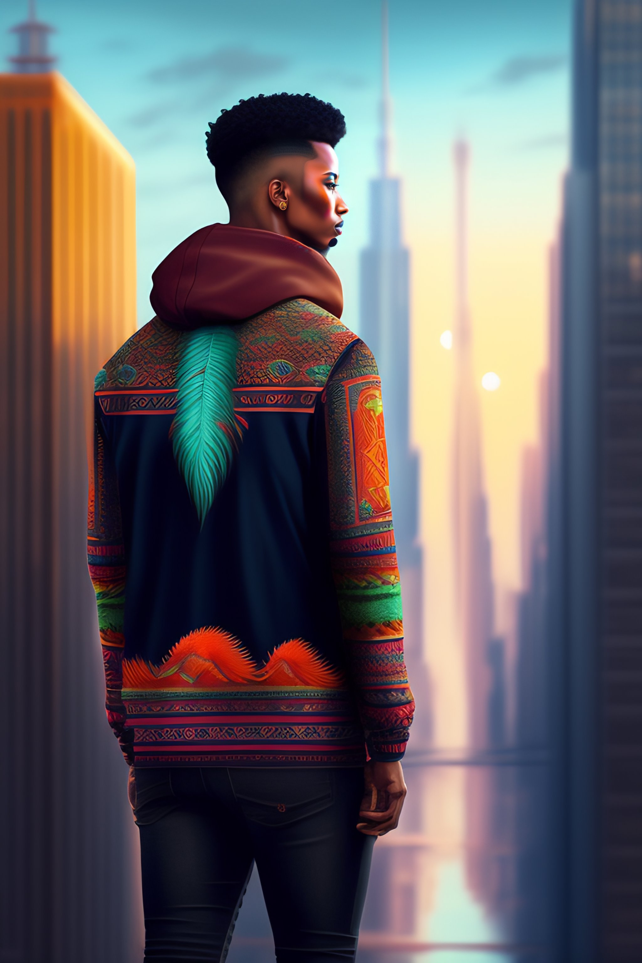 Lexica - Humanoid feathered dionsaur, long neck, aztec clothes, modern ...