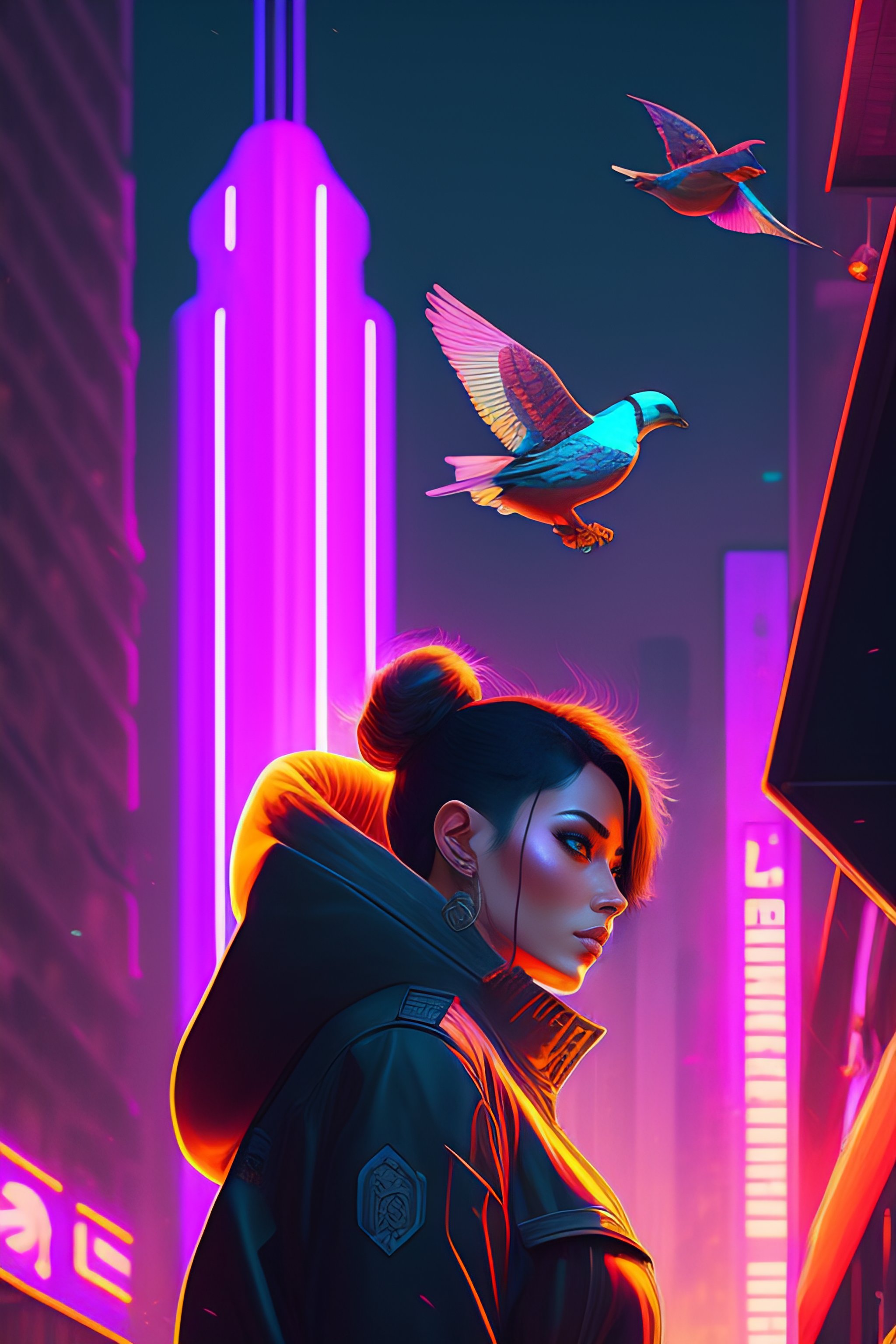 Lexica - Cyborg feeding electric pigeons in front of a neon church ...