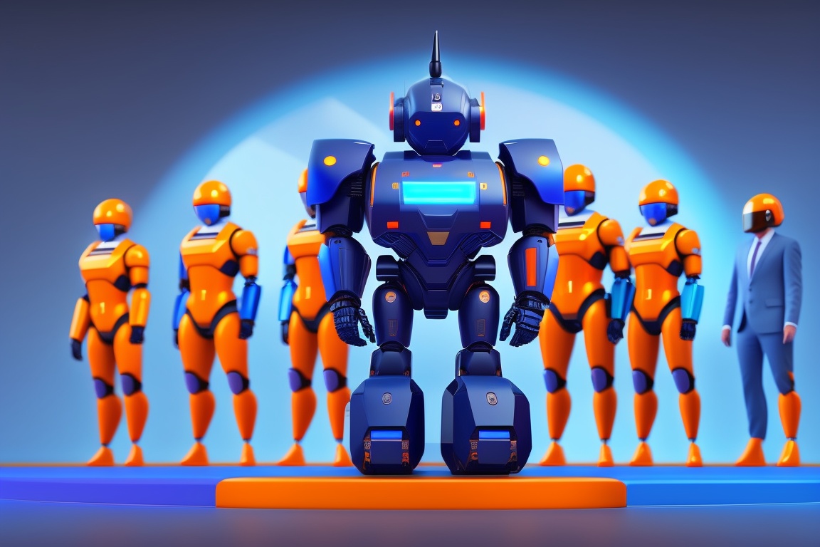 Lexica - An AI robot standing tall and powerful in front of a group of ...