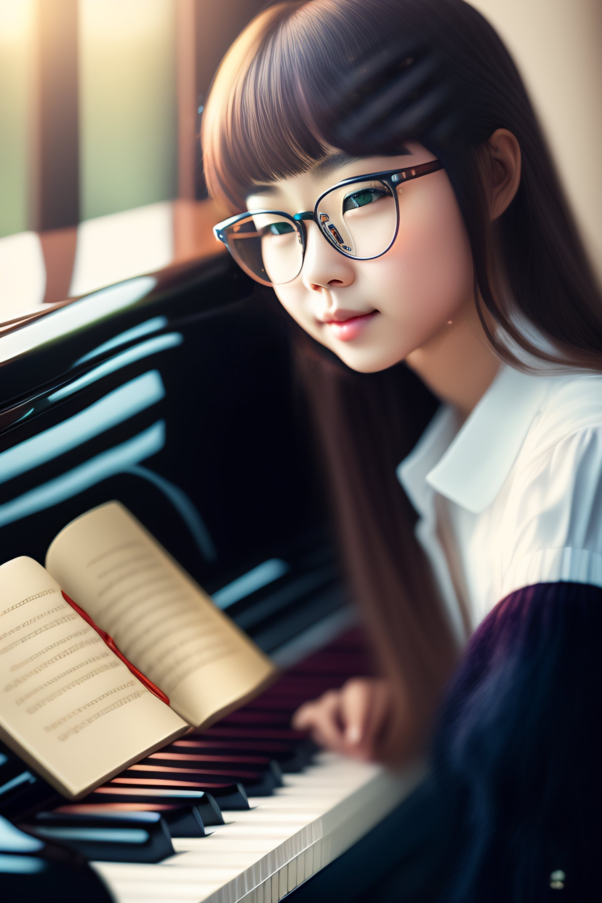 Lexica - Kawaii european girl with anime style glasses playing the piano